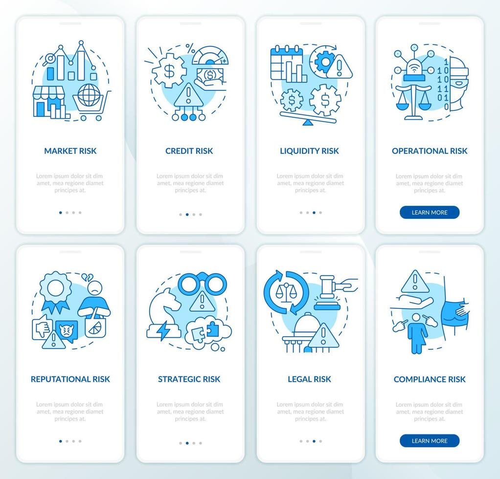 Risk categories blue onboarding mobile app screen set. Crisis management walkthrough 4 steps ...