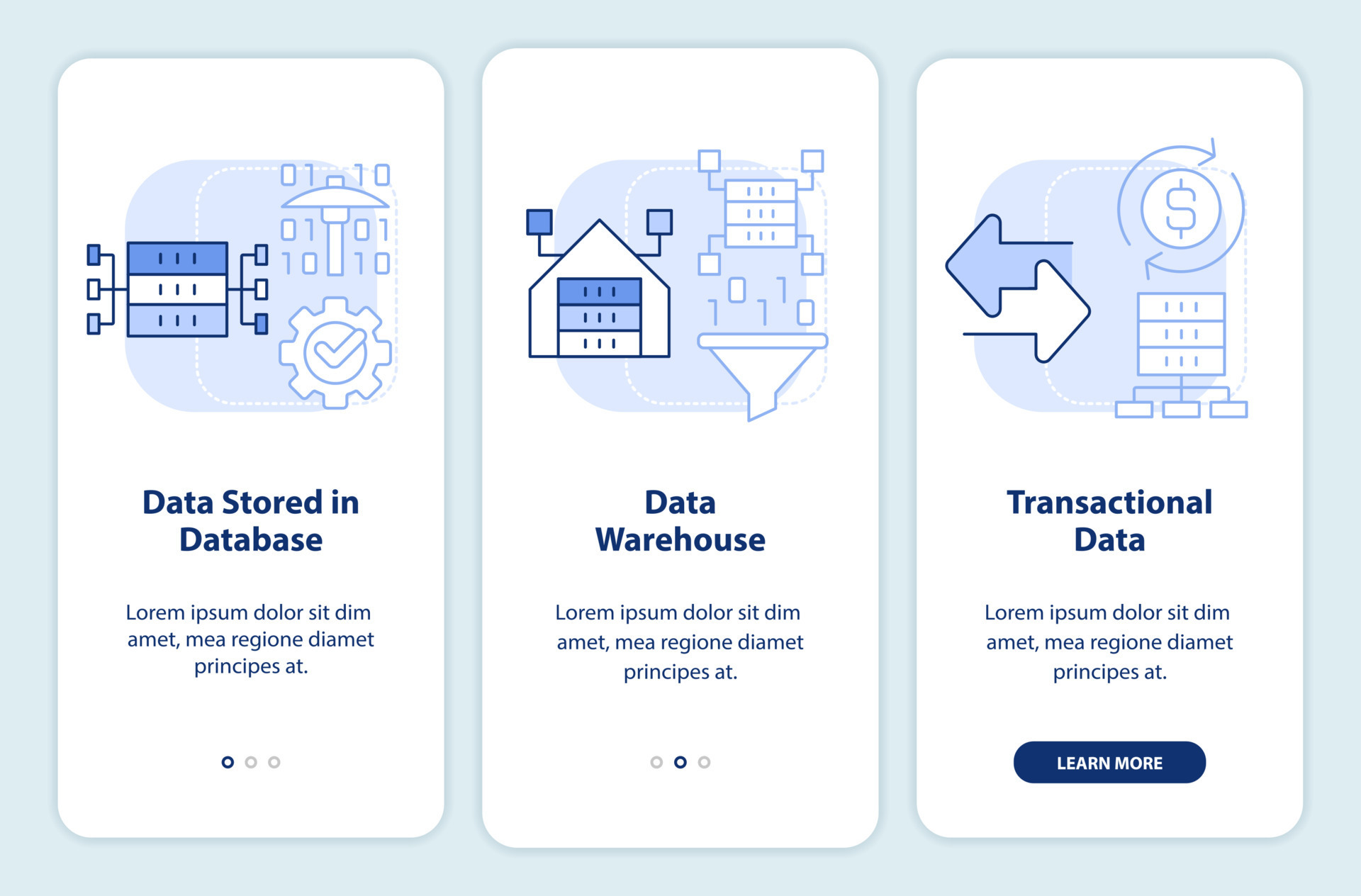 Types Of Data That Can Be Mined Light Blue Onboarding Mobile App Screen Walkthrough 3 Steps