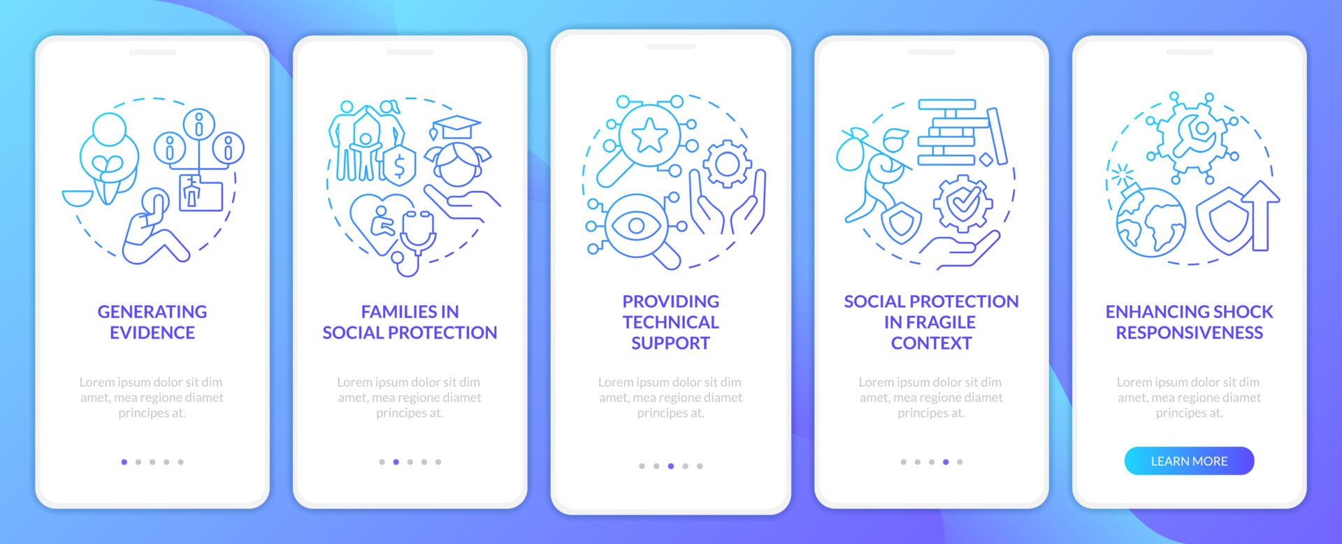 Social Protection Activities Blue Gradient Onboarding Mobile App Screen Walkthrough 5 Steps
