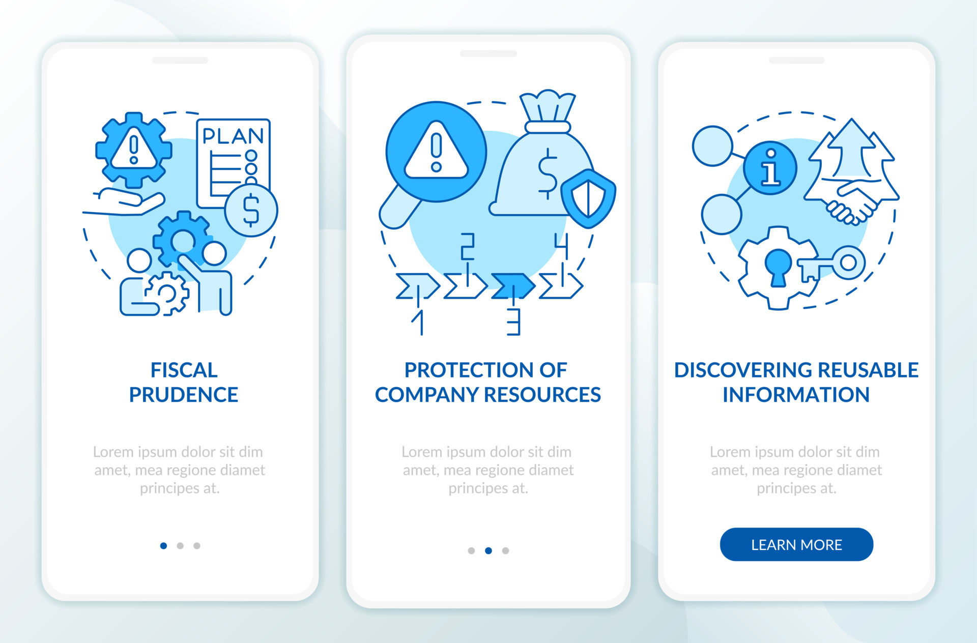 Risk Management Benefits Blue Onboarding Mobile App Screen Strategy Walkthrough 3 Steps Graphic