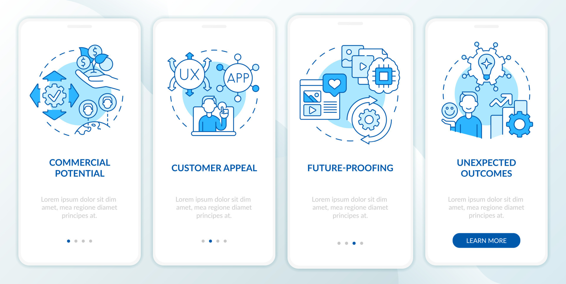 Digital First Mindset Importance Blue Onboarding Mobile App Screen Walkthrough 4 Steps Graphic