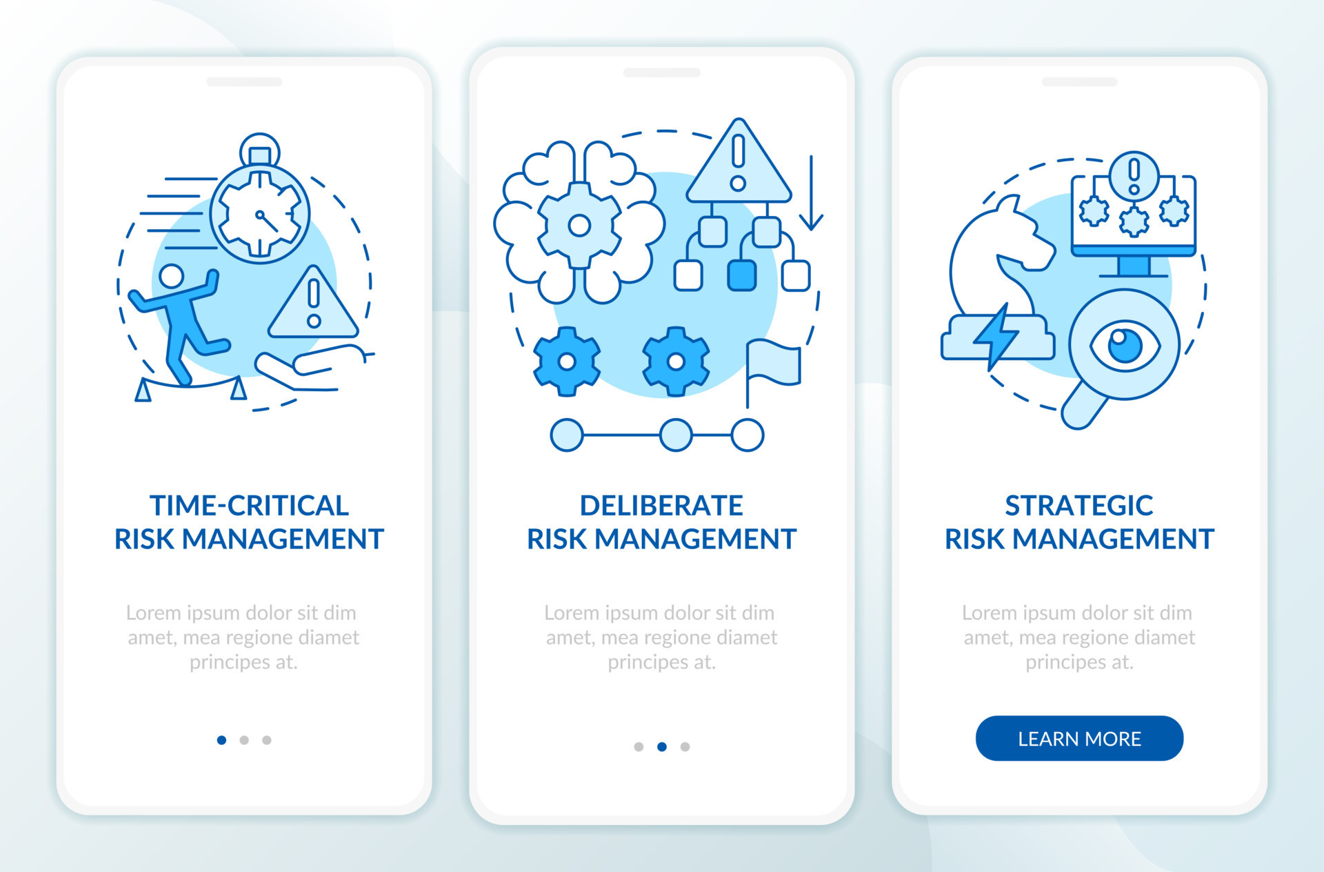 Operational Risk Management Levels Blue Onboarding Mobile App Screen Walkthrough 3 Steps