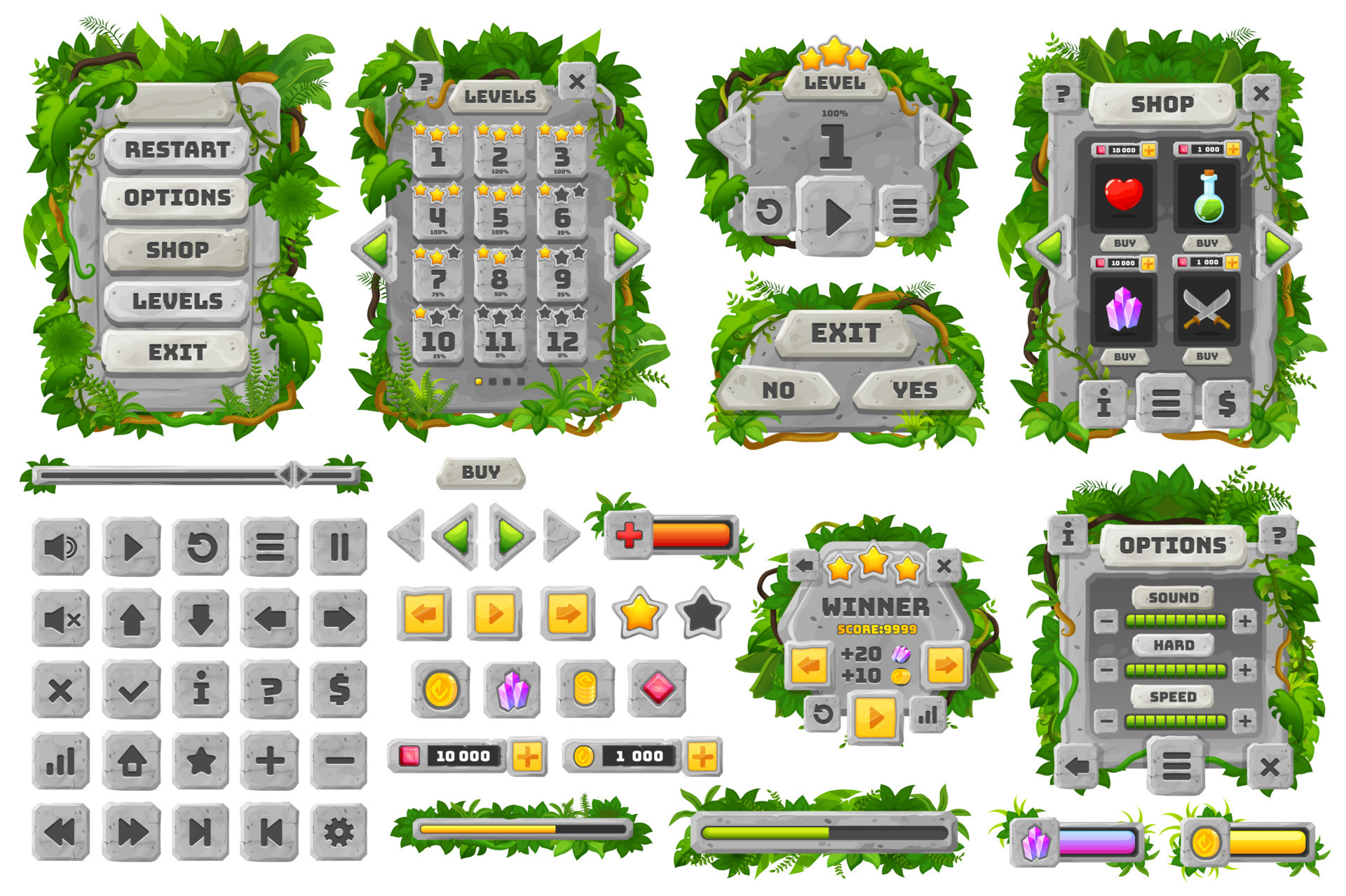 Jungle Stones Game Interface Cartoon Gui Elements 12962658 Vector Art At Vecteezy