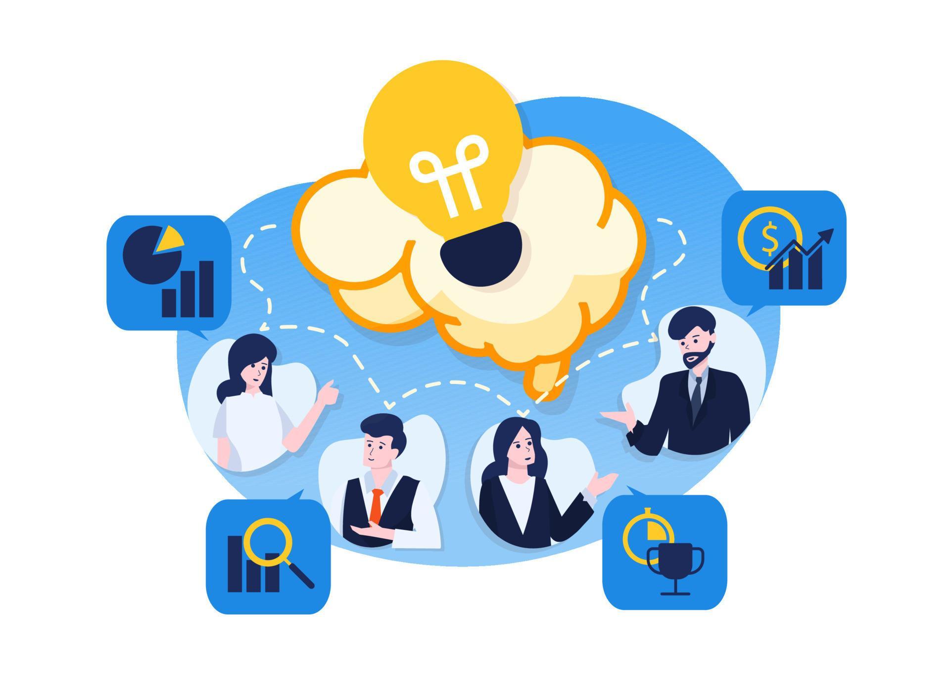 Brainstorm concept. Illustration of team solving a problem, thinking ...