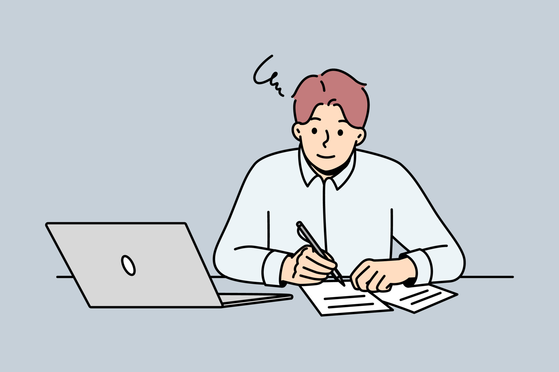 Young man sit at desk working on laptop making notes on paper. Guy ...