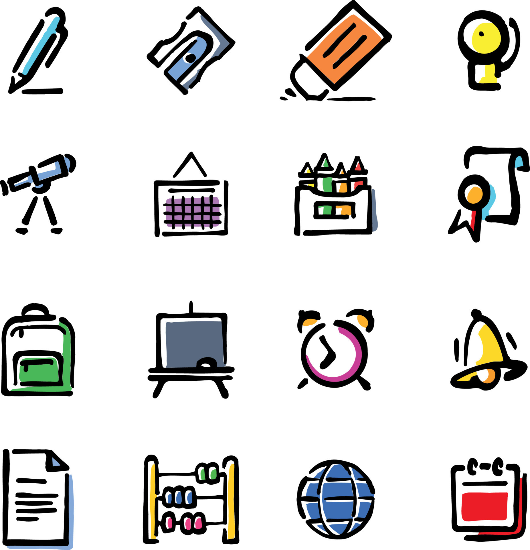 Education color icons set. School, university, home learning, self ...