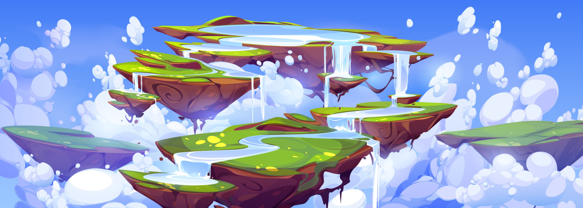 Game landscape with waterfall on floating islands 12975459 Vector Art at Vecteezy