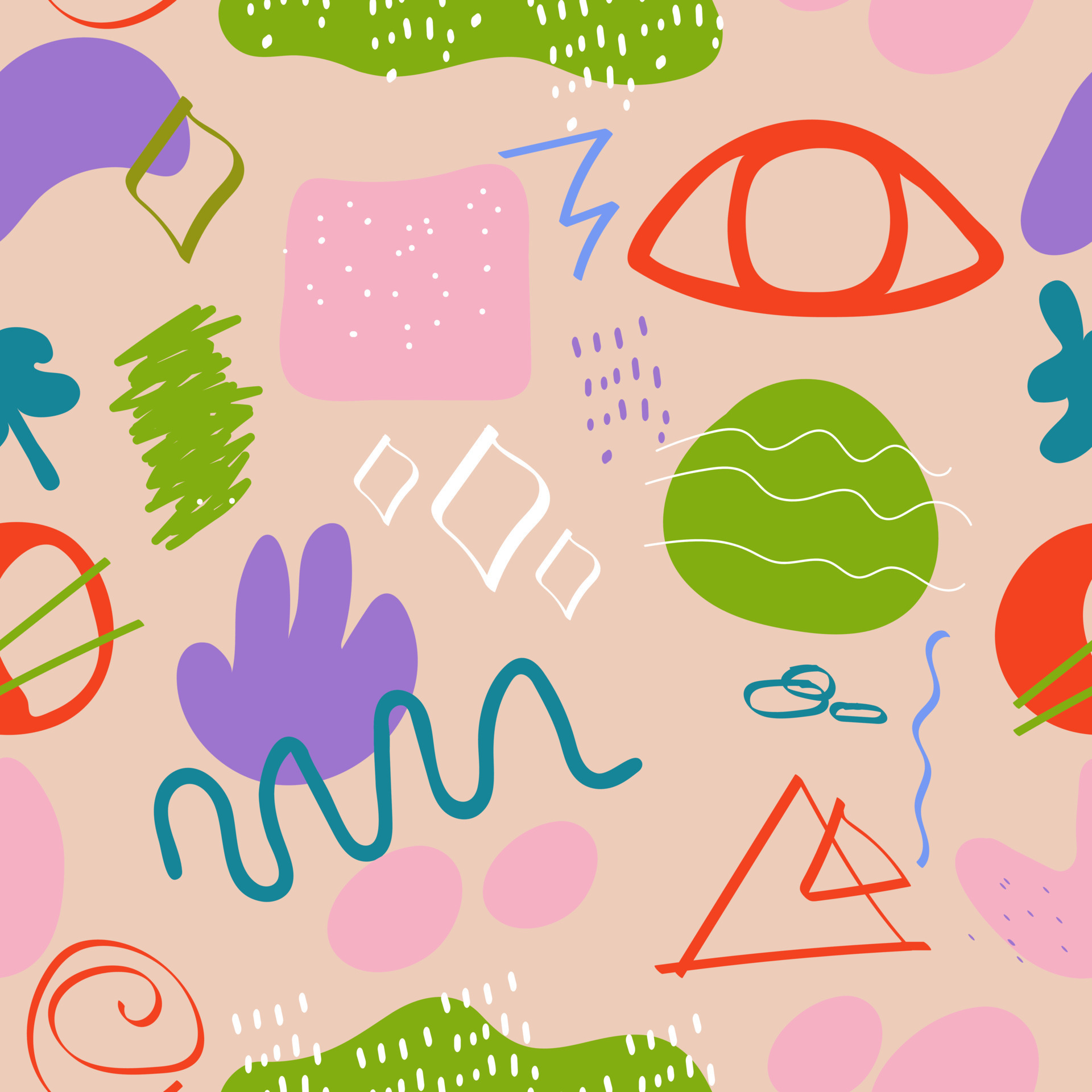 Seamless pattern hand drawn abstract modern bright shapes and objects ...