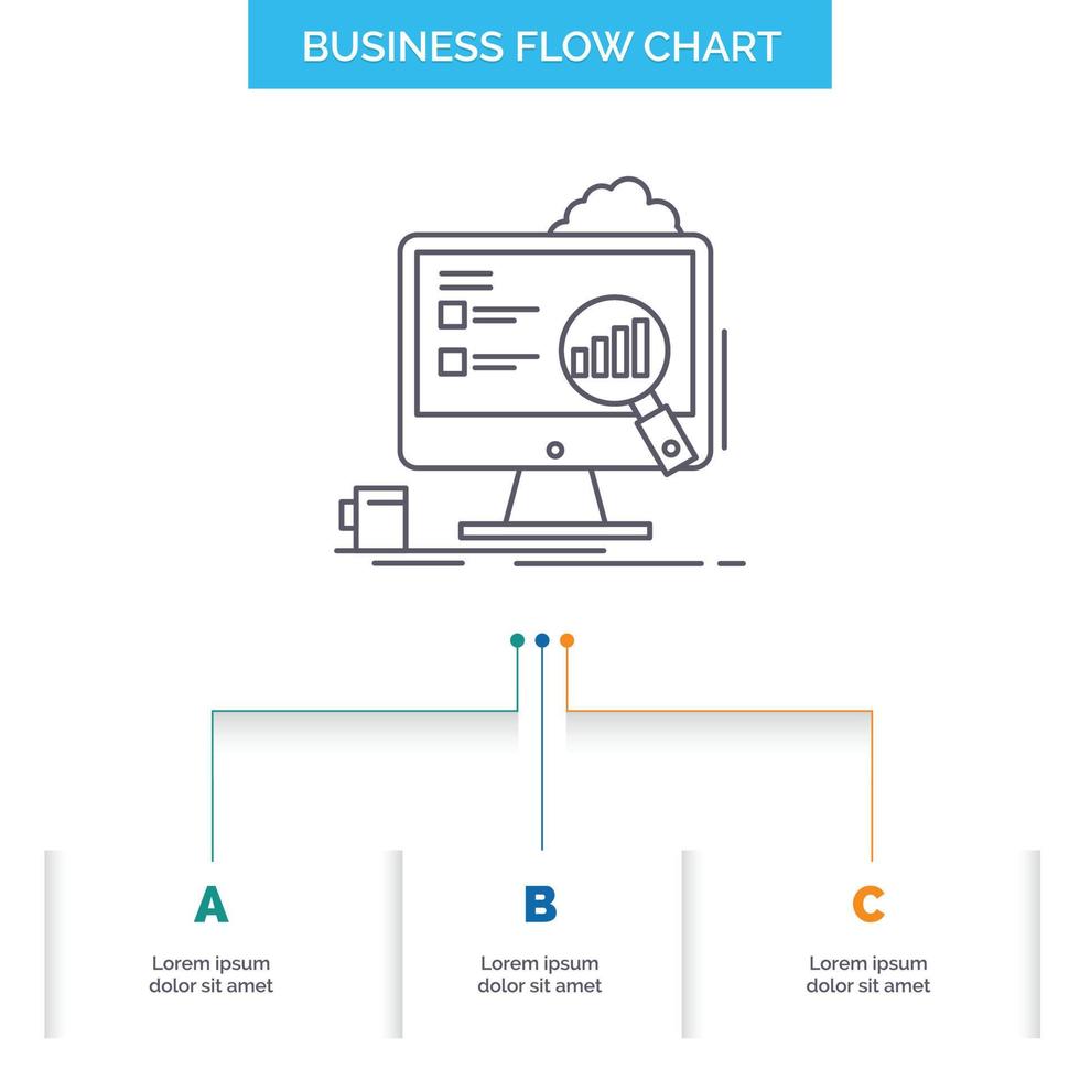 analytics. board. presentation. laptop. statistics Business Flow Chart Design with 3 Steps. Line ...