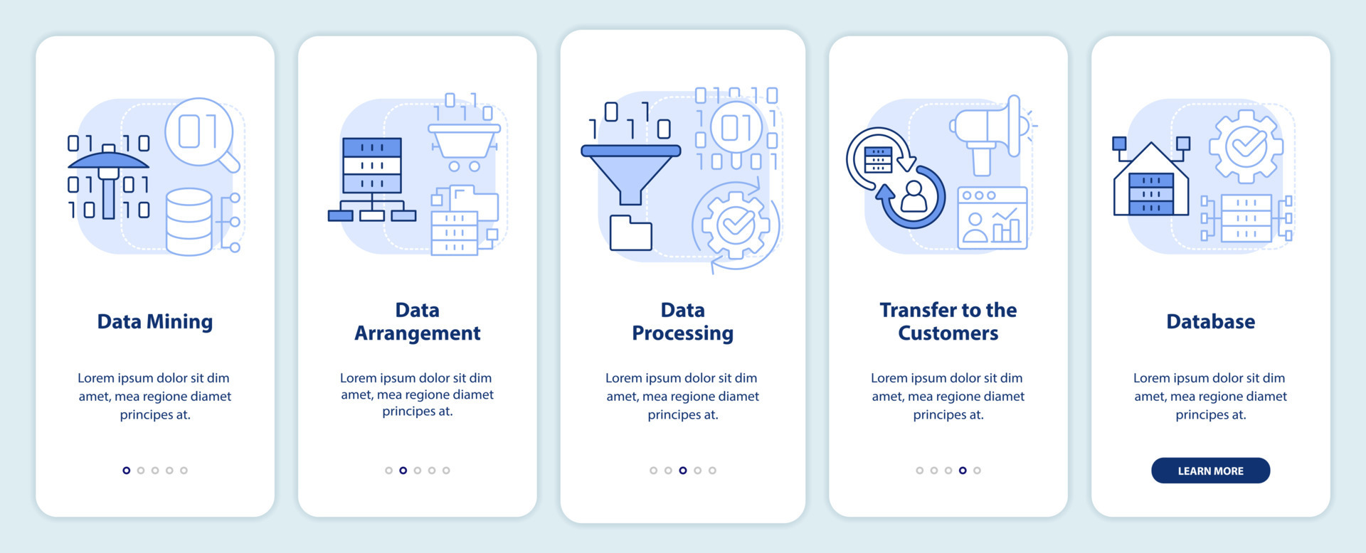 Collecting And Processing Data Light Blue Onboarding Mobile App Screen Walkthrough 5 Steps