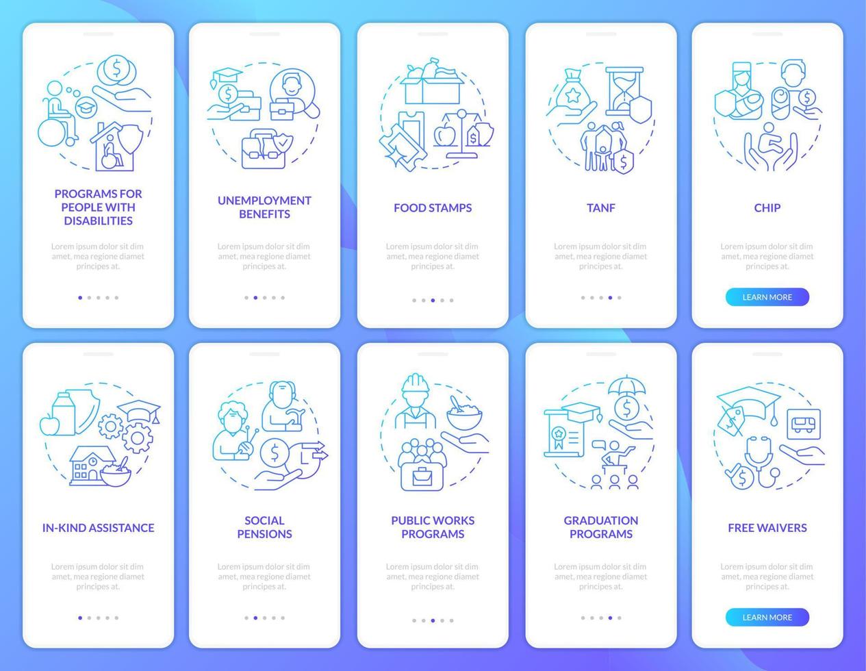 Social Assistance Blue Gradient Onboarding Mobile App Screen Set Walkthrough 5 Steps Graphic