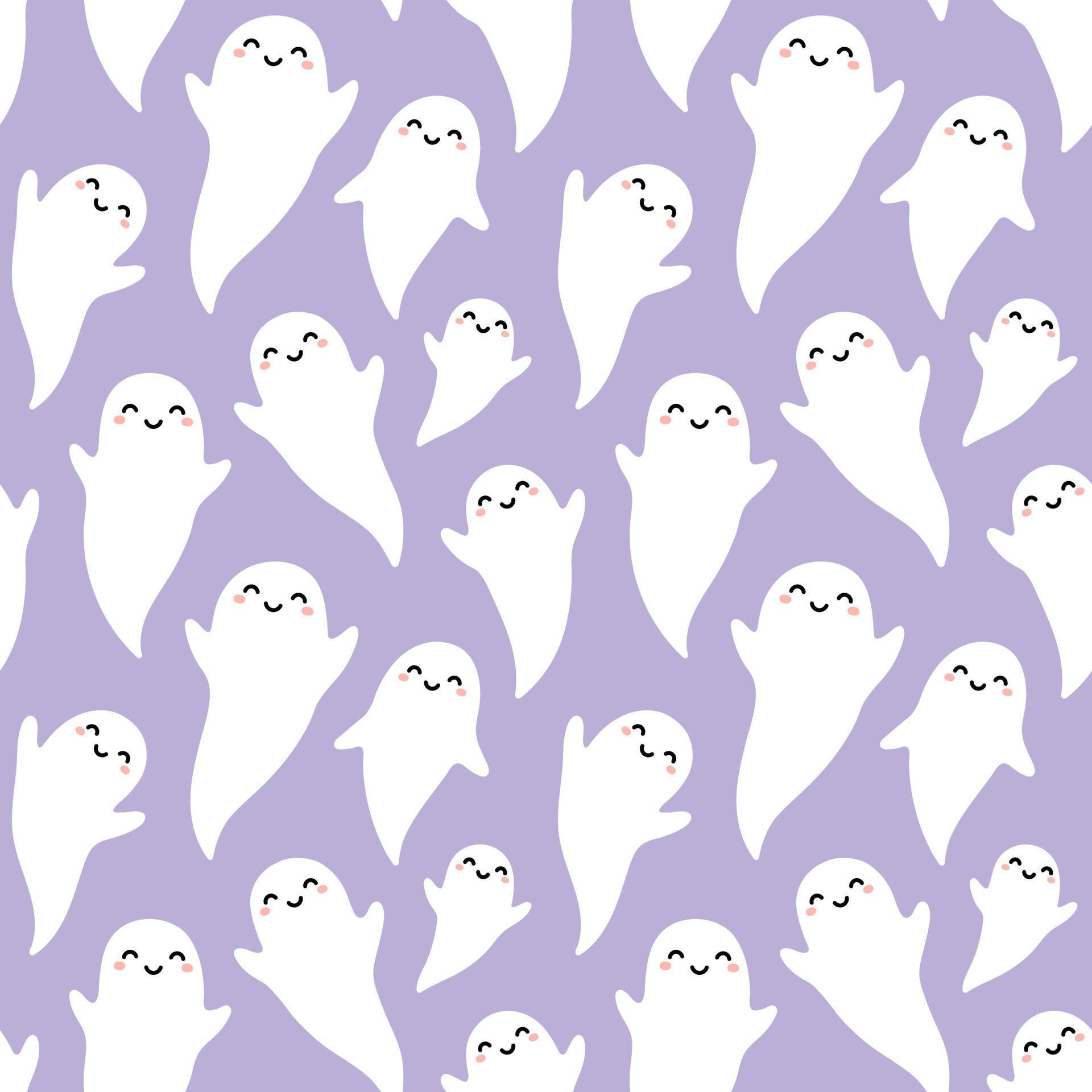 Cute flying ghosts pattern on a light purple background. Pastel violet ...