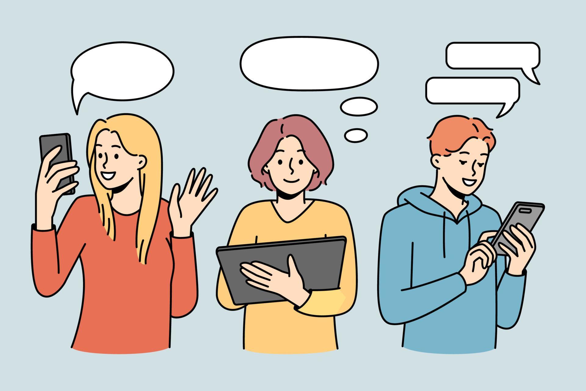 People with devices communicate online. Users with modern gadgets talk ...