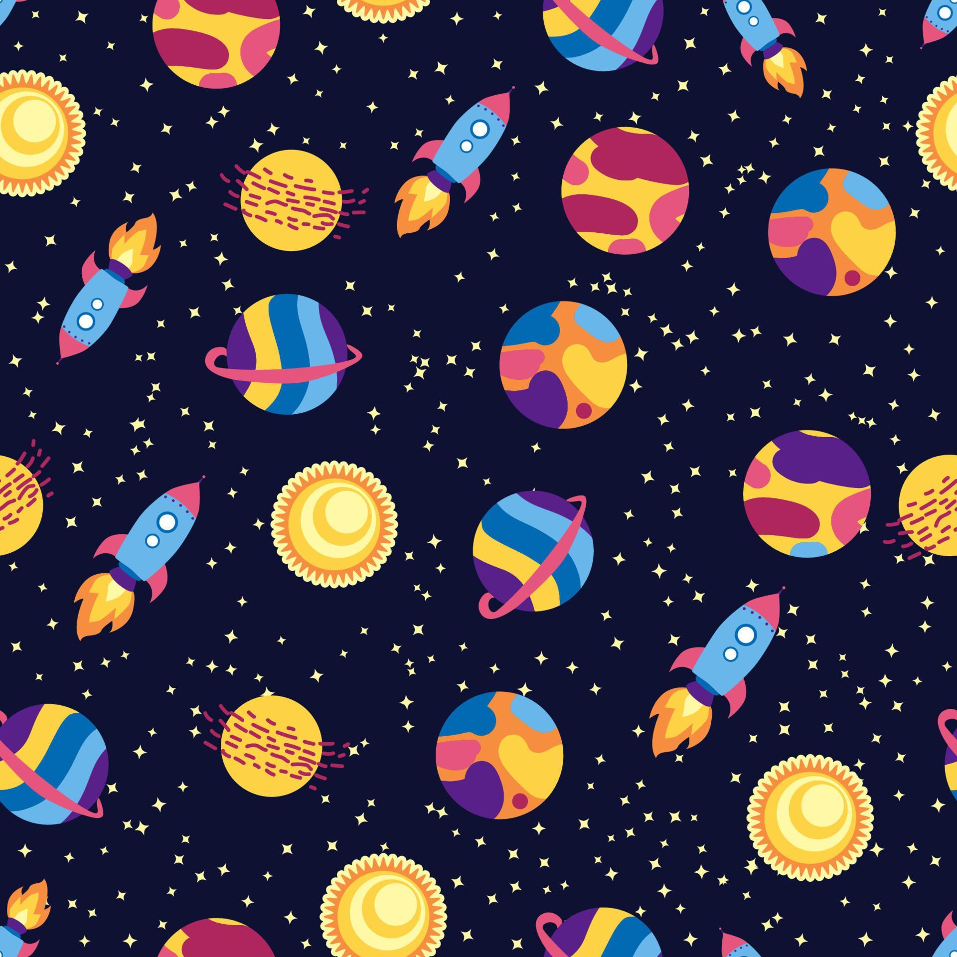Seamless space pattern. Planets, rockets and stars. Cartoon spaceship ...