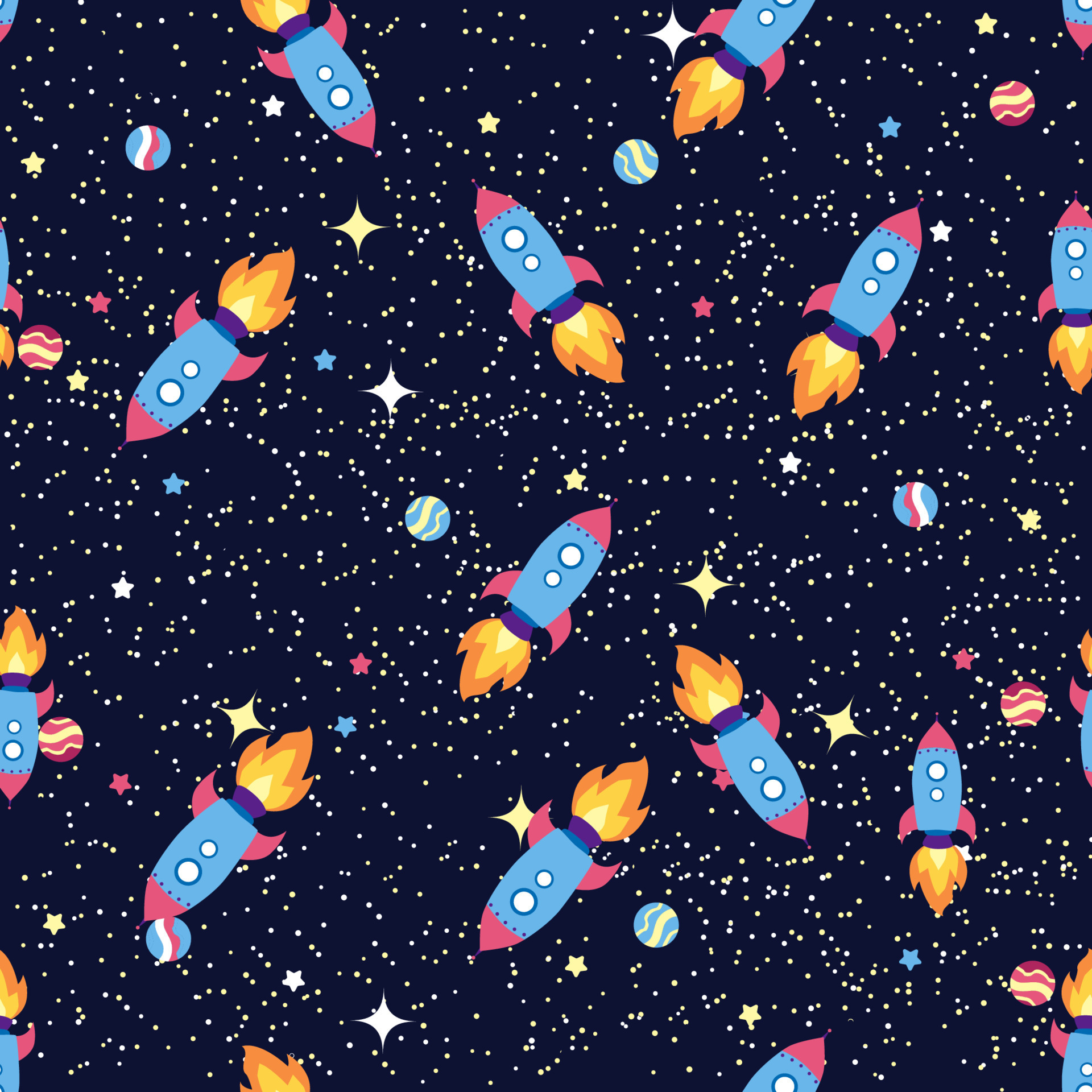 Seamless space pattern. Planets, rockets and stars. Cartoon spaceship ...