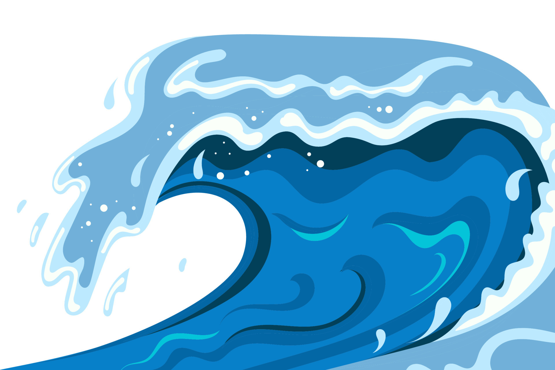 Tsumani wave in flat cartoon style. Big blue tropical water splash with ...