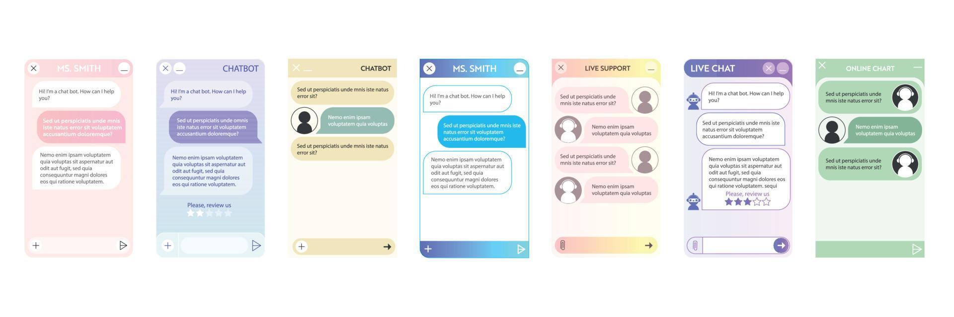 Chatbot window set. User interface of application with online dialogue. Conversation with a ...