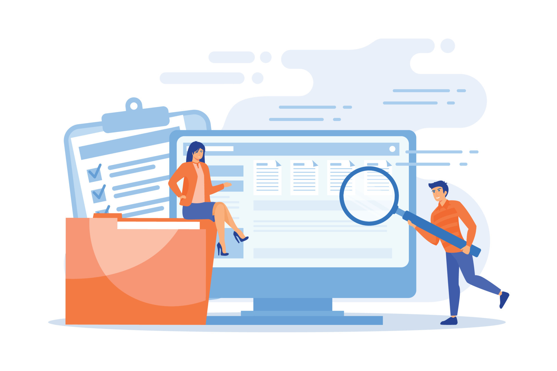 Tiny business people with magnifier work with document management on ... Tiny business people with magnifier work with document management on ...