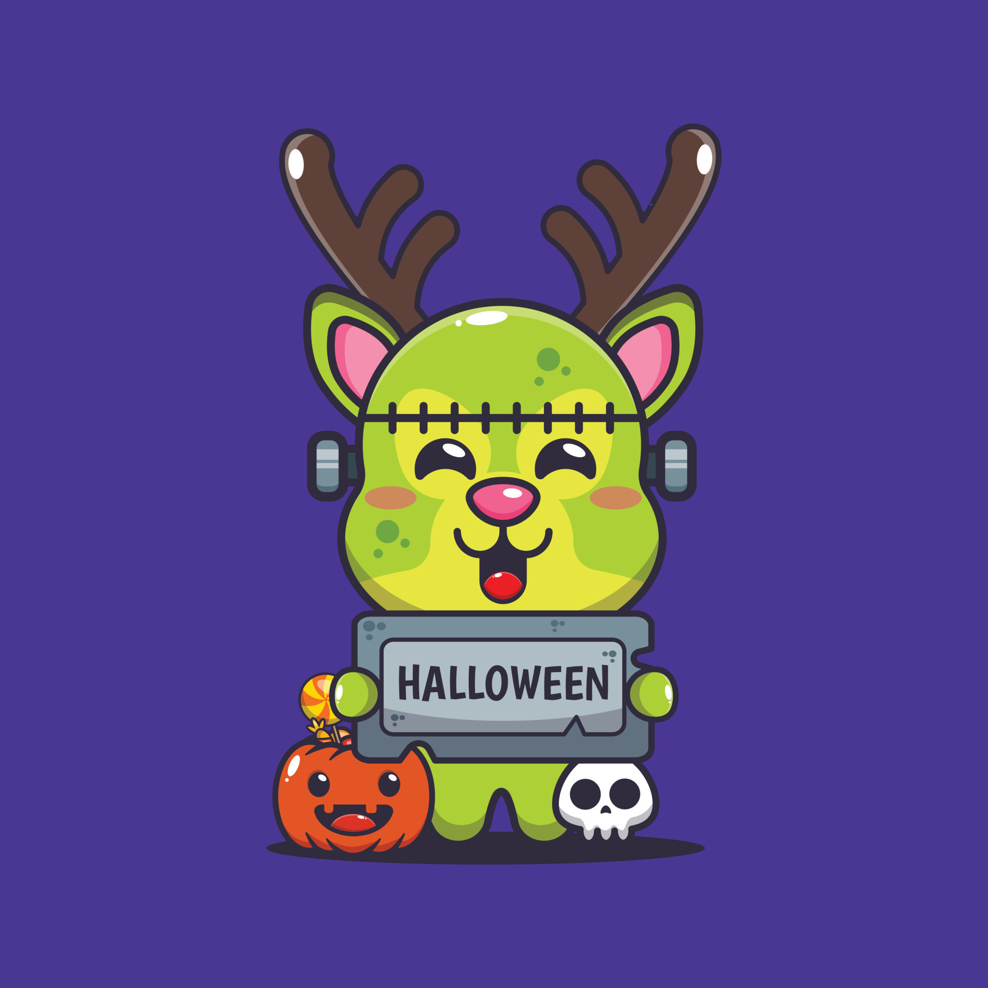 Zombie Deer Holding Halloween Greeting Stone Cute Halloween Cartoon Illustration 12986384