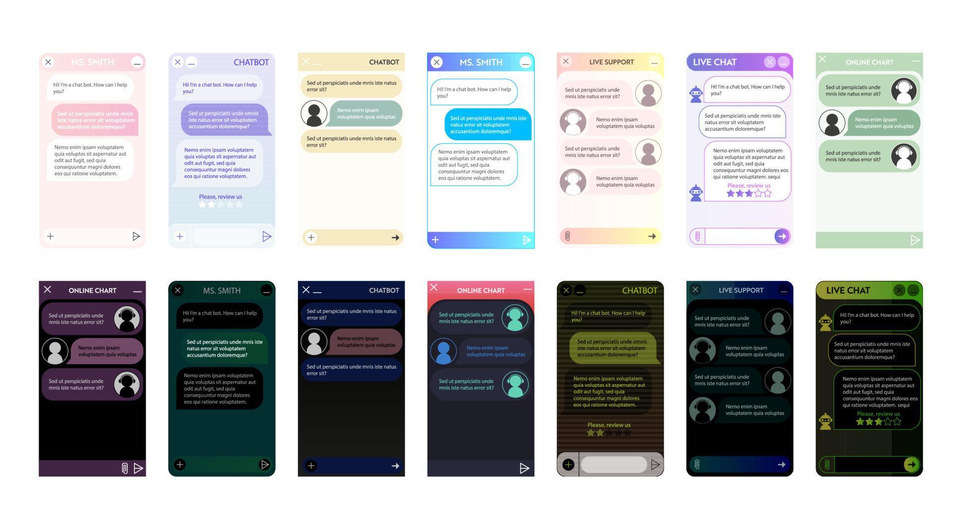Chatbot window set. User interface of application with online dialogue. Conversation with a ...