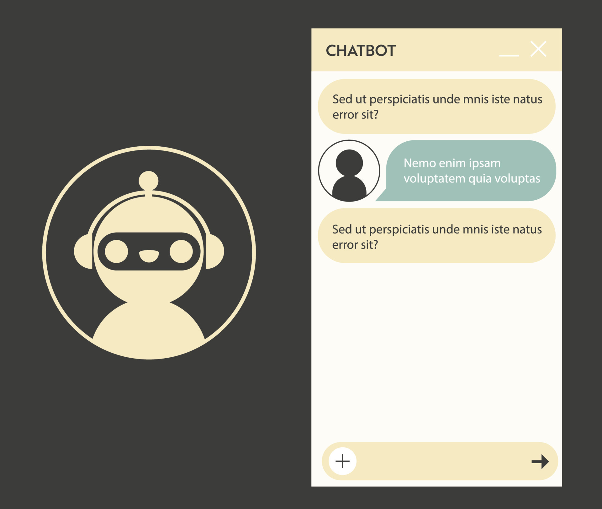 Chatbot window with robot icon. User interface of application with online dialogue. Conversation ...