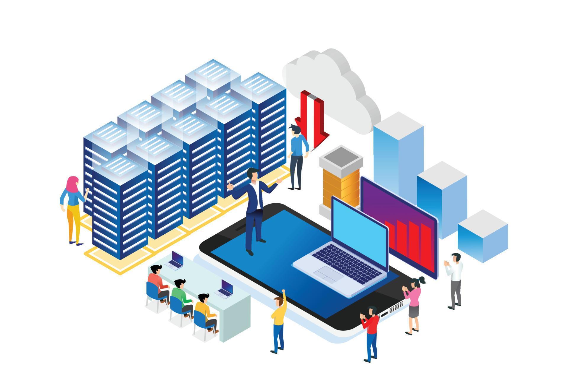 Isometric Smart Cloud Database Processing Technology Illustration in White Isolated Background ...