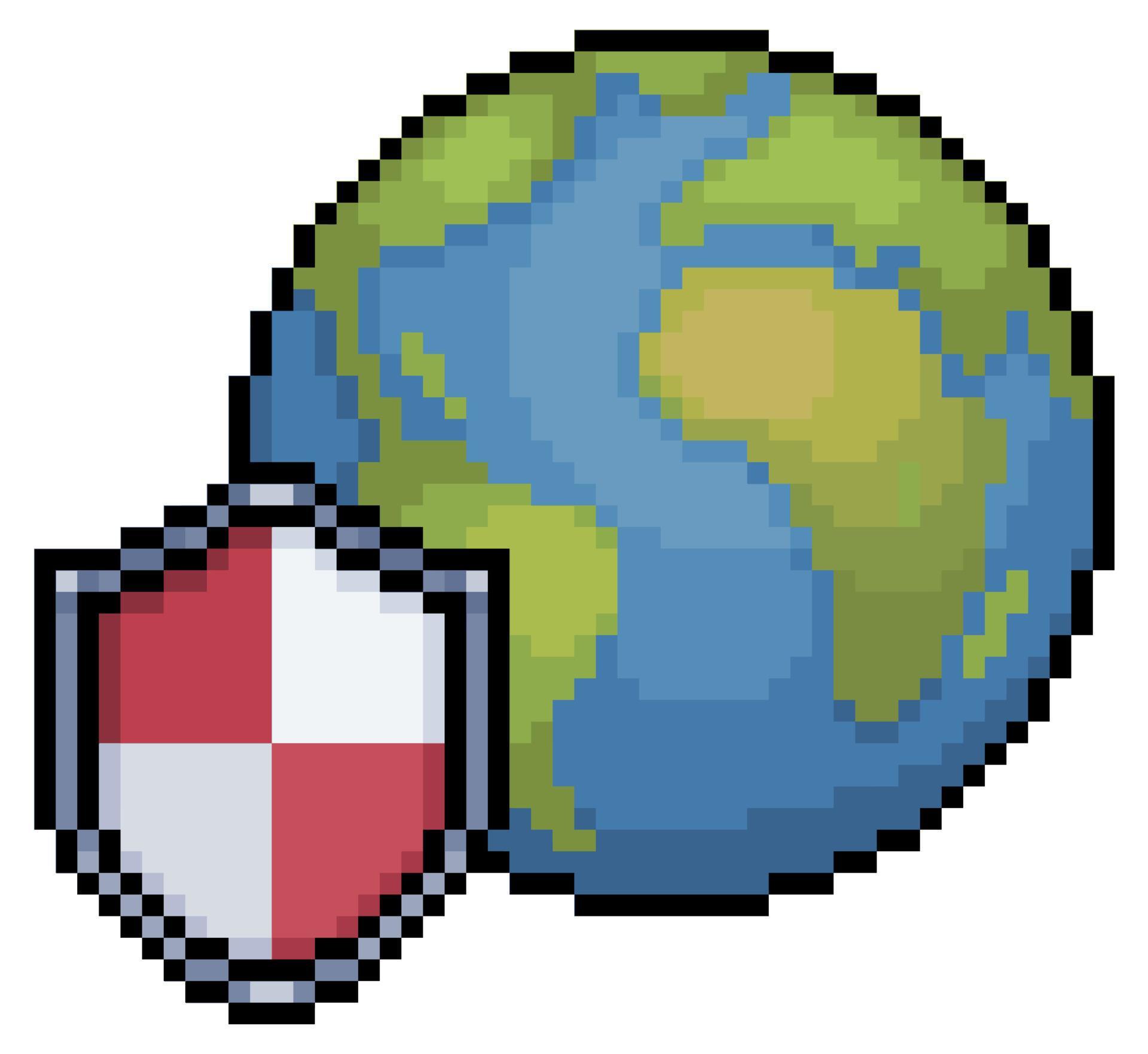 Pixel art planet earth with shield icon vector icon for 8bit game on white background 12994703 ...
