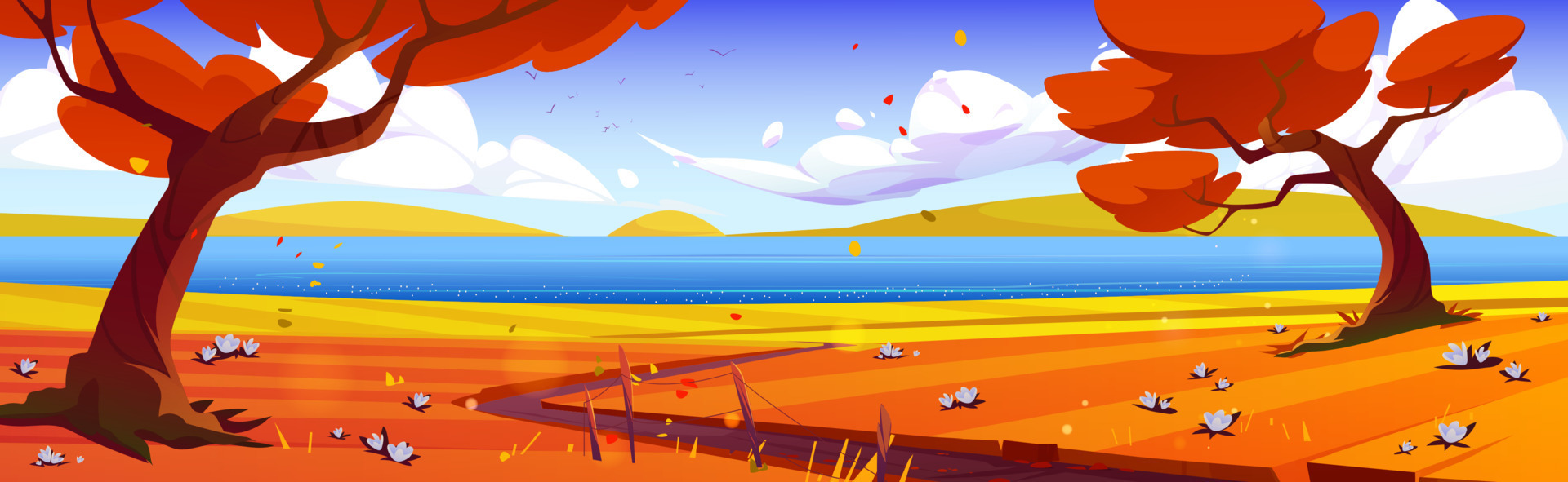 Autumn country scene with lake, trees, fields 12996484 Vector Art at ...