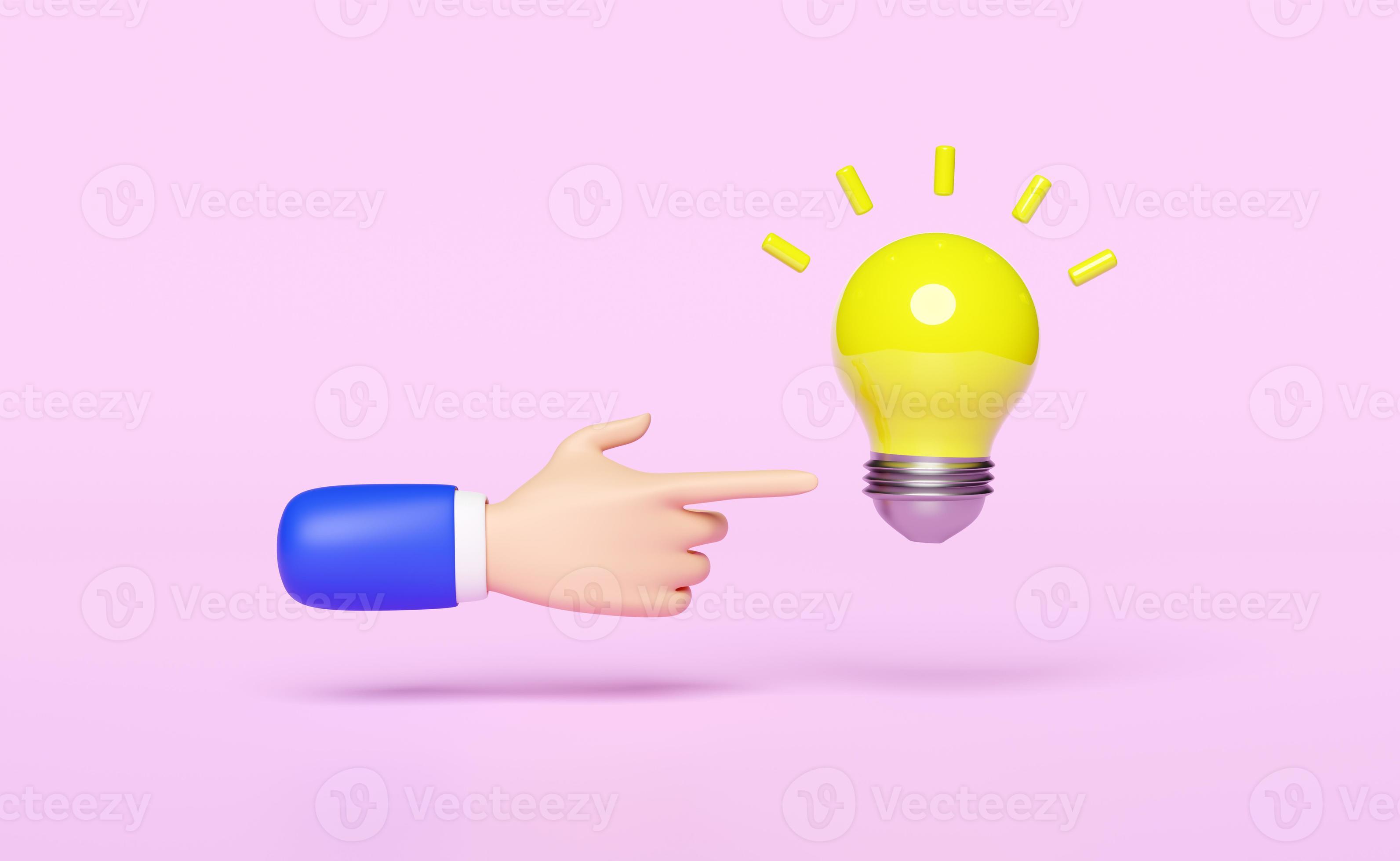 3d pointing finger with yellow light bulb isolated on pink background. idea tip education ...