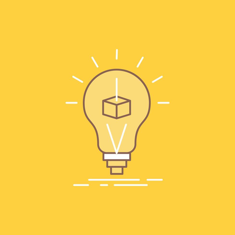 3d Cube. idea. bulb. printing. box Flat Line Filled Icon. Beautiful Logo button over yellow ...
