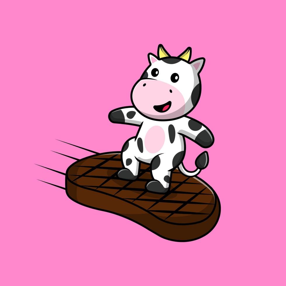 Cute Cow Surfing With Steak Meat Cartoon Vector Icons Illustration