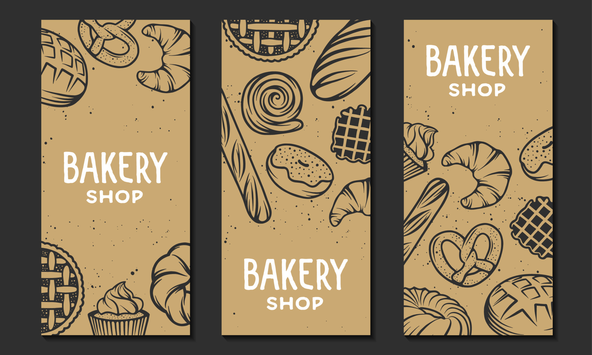 Set of vector bakery engraved elements. Typography design with bread, pastry, pie, buns, sweets ...