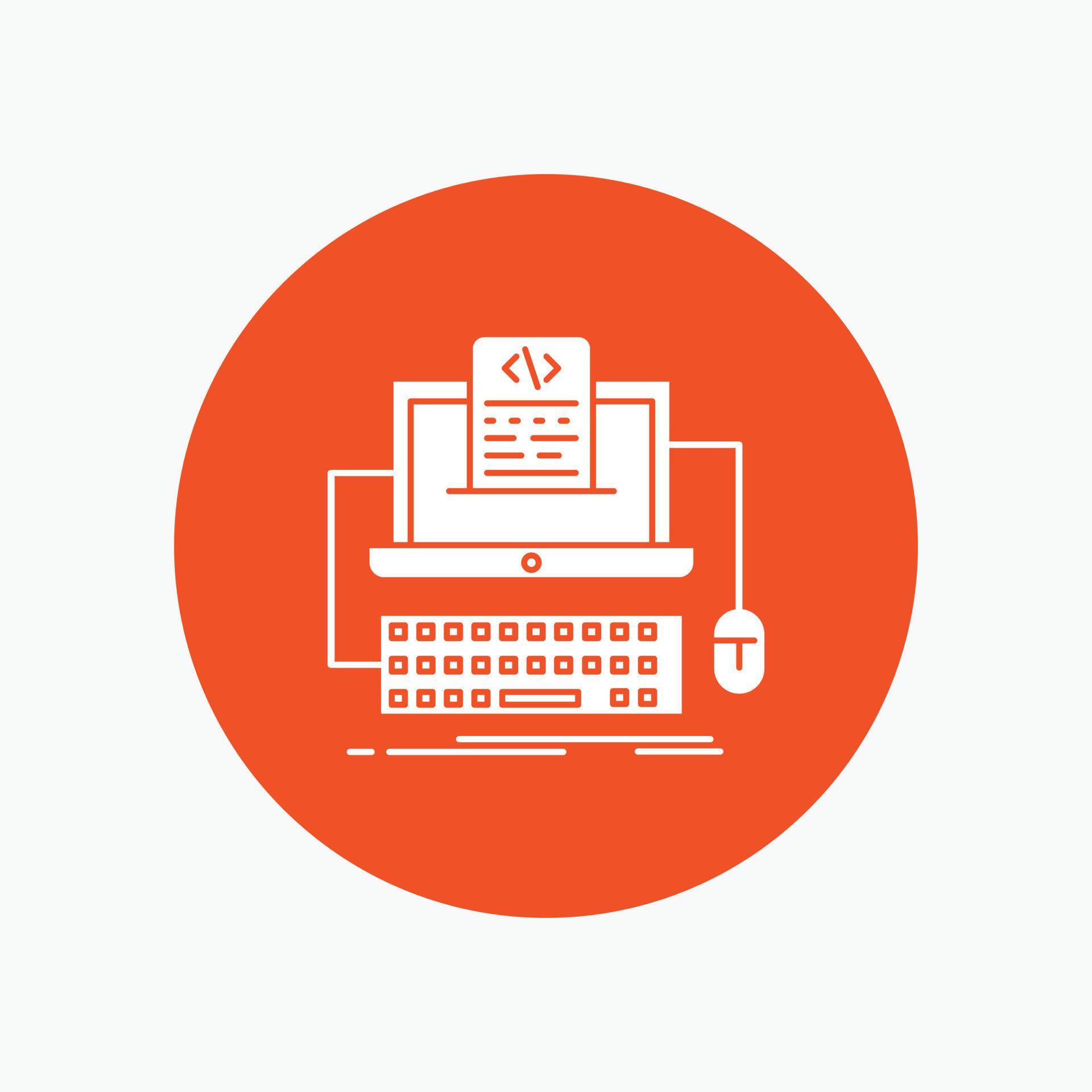 Code Coding Computer Monoblock Screen White Glyph Icon In Circle Vector Button Illustration