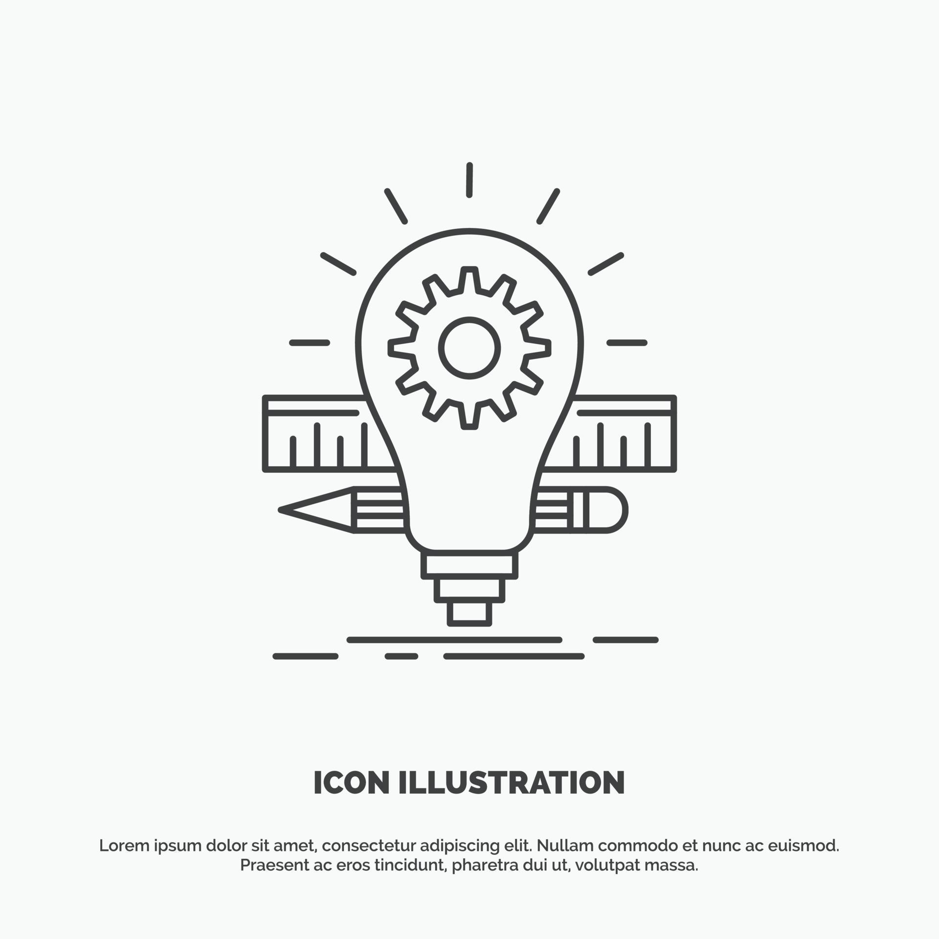 Development. idea. bulb. pencil. scale Icon. Line vector gray symbol for UI and UX. website or ...