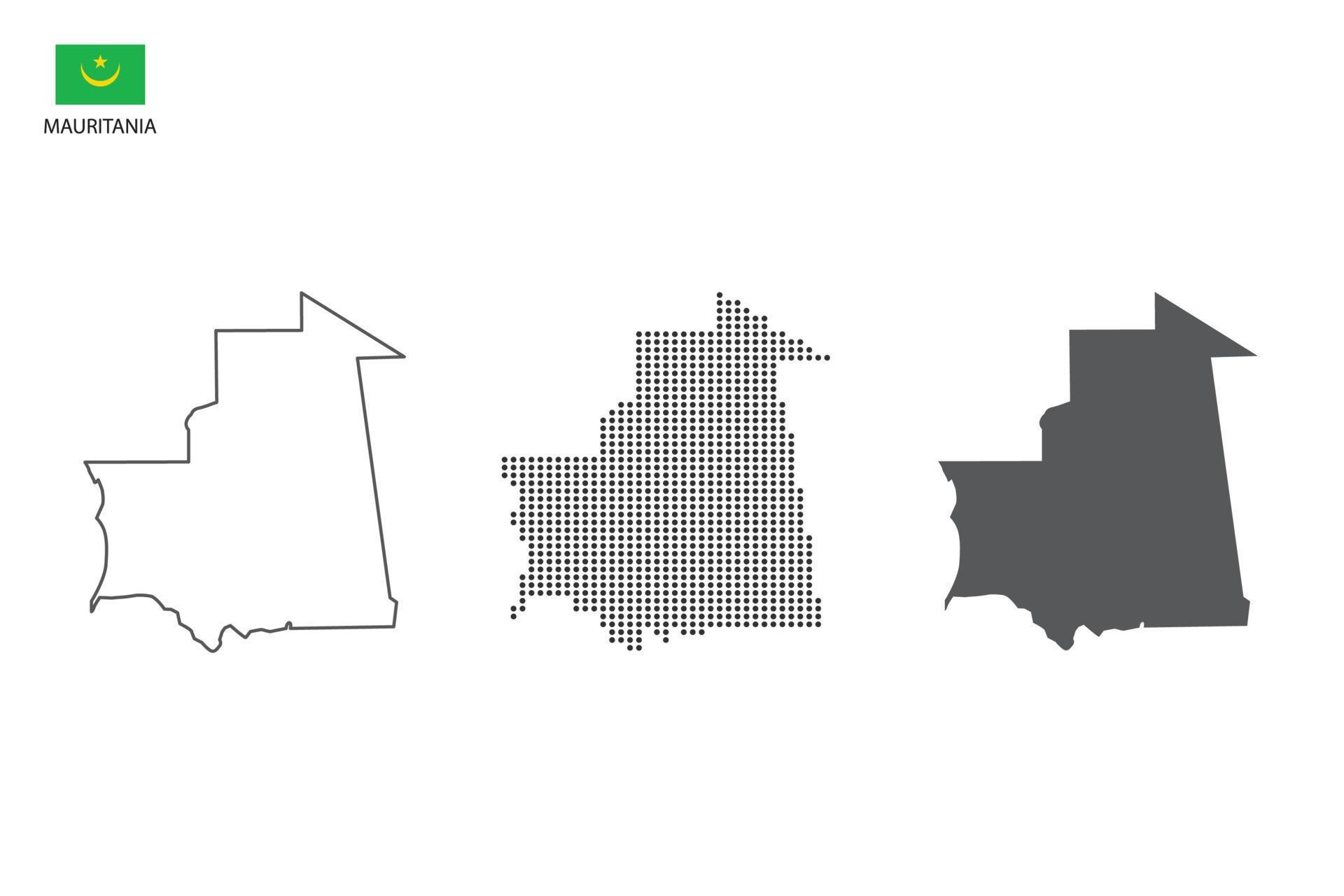 3 versions of Mauritania map city vector by thin black outline simplicity style, Black dot style ...