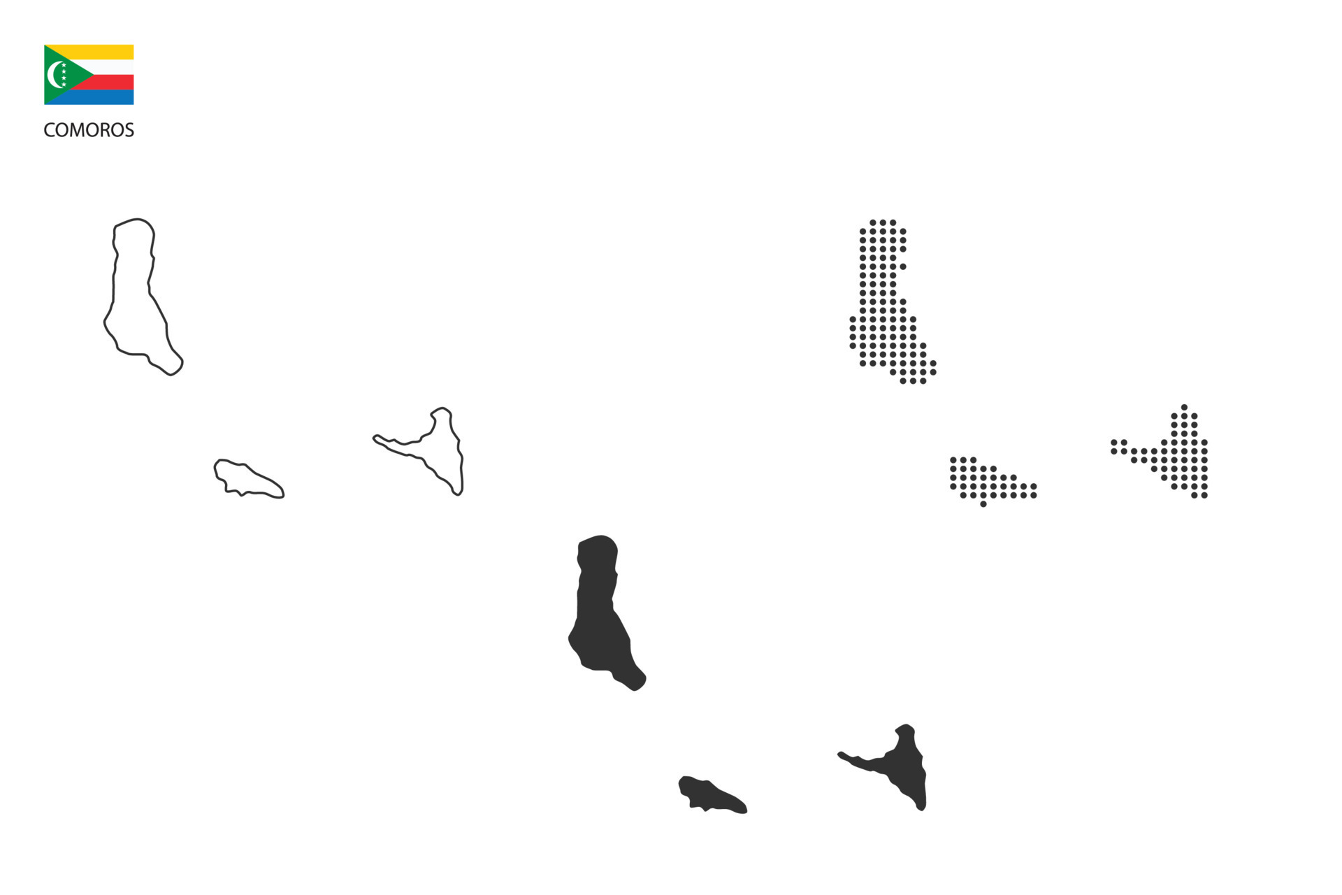 3 versions of Comoros map city vector by thin black outline simplicity style, Black dot style ...