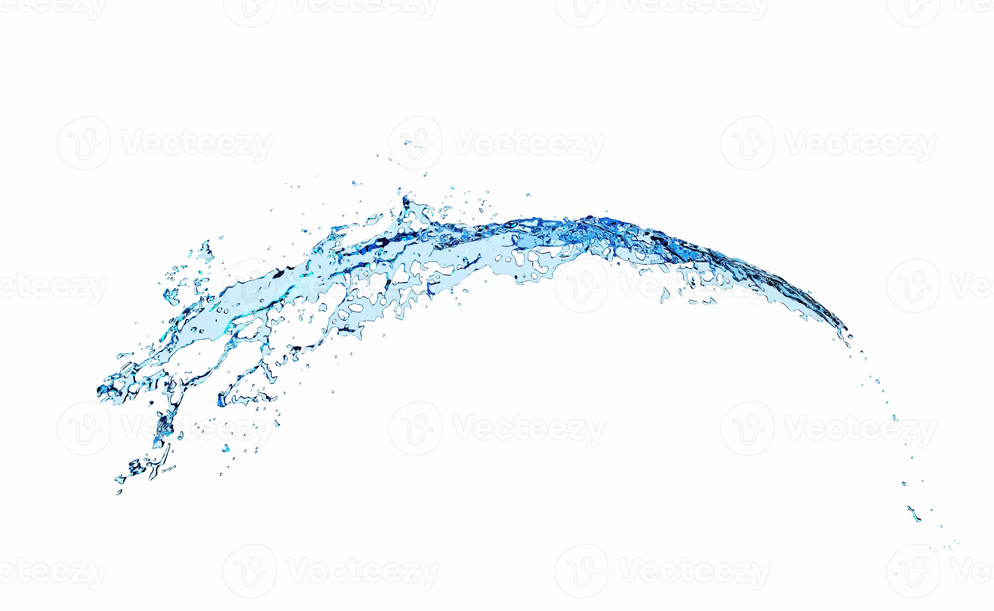 3d water splash transparent, clear blue water scattered around isolated on white background. 3d ...