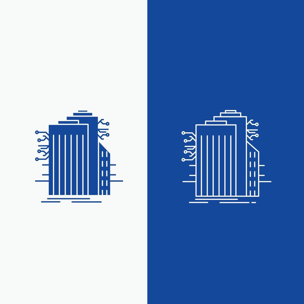 Building. Technology. Smart City. Connected. internet Line and Glyph web Button in Blue color ...