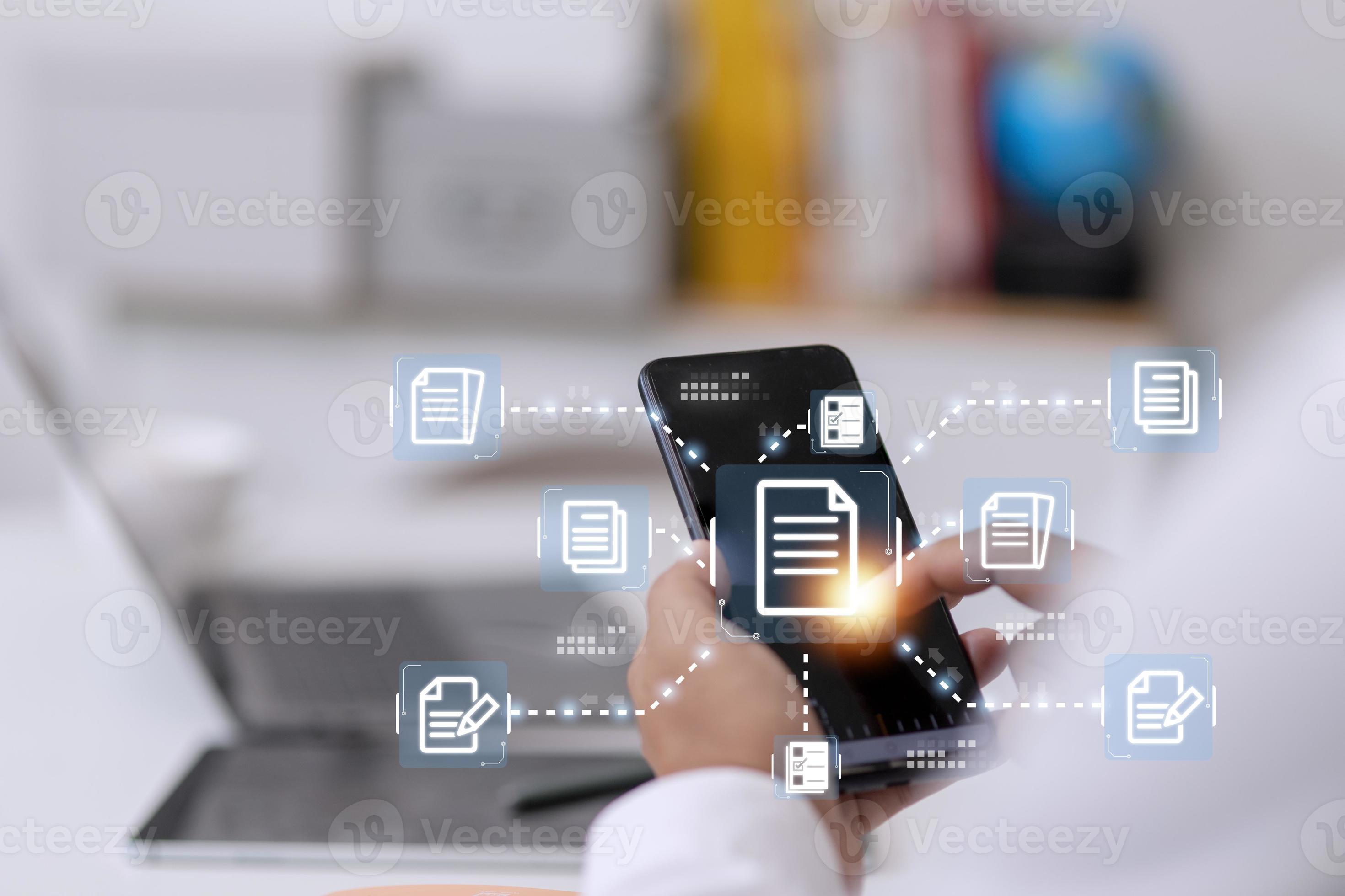 Businessman working with electronics document icons, E-document management, online documentation ...