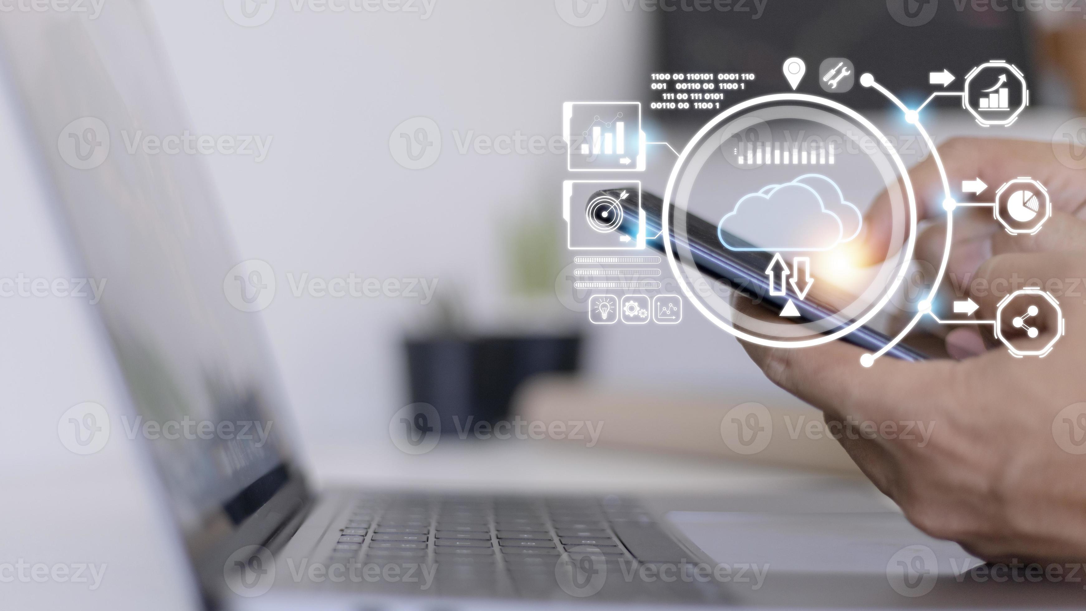 Hand Holding Virtual Cloud Computing With World And Technology Item Such As Upload Download