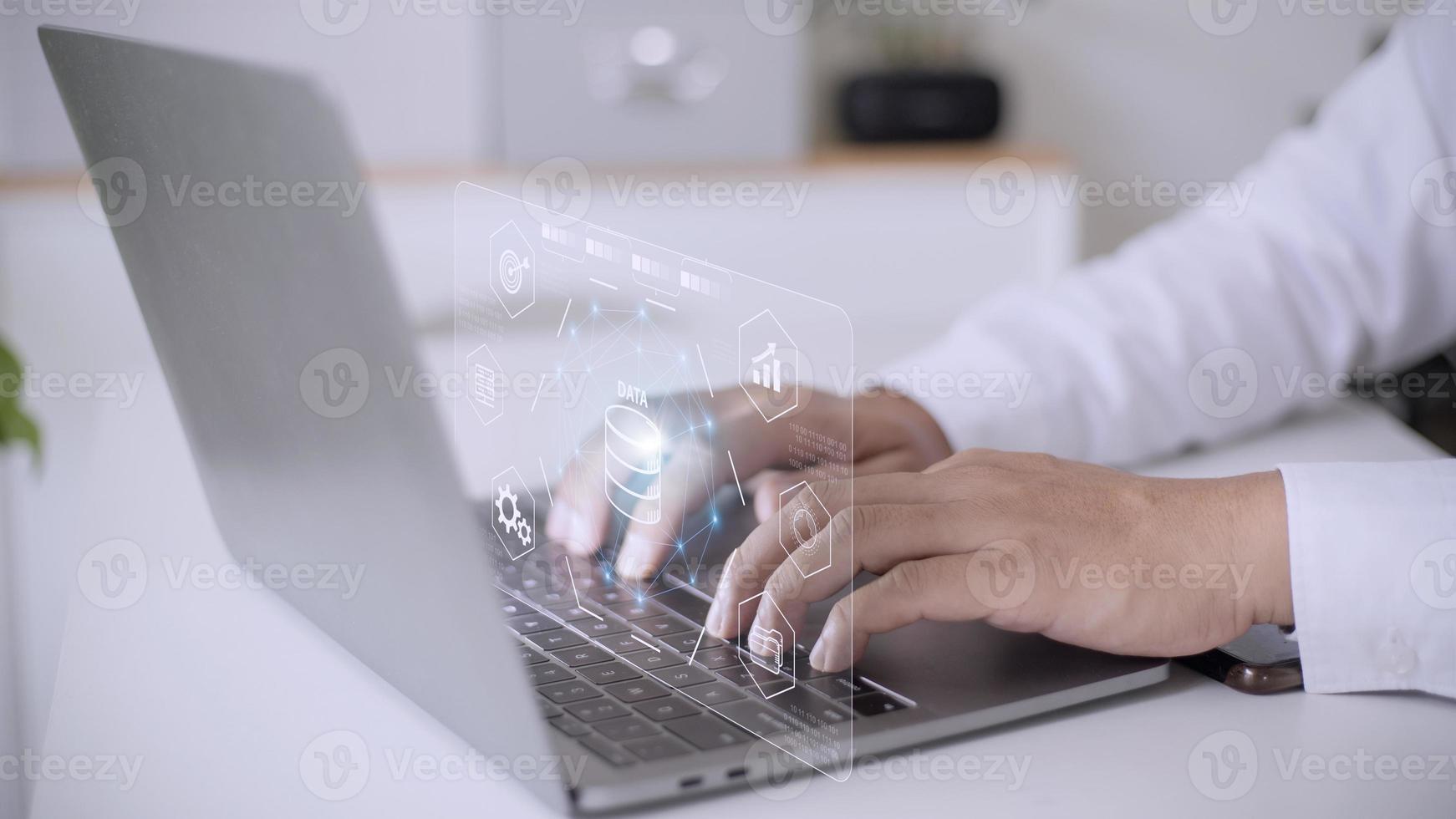 Big data and analytics visualization technology with scientist analyzing information structure ...