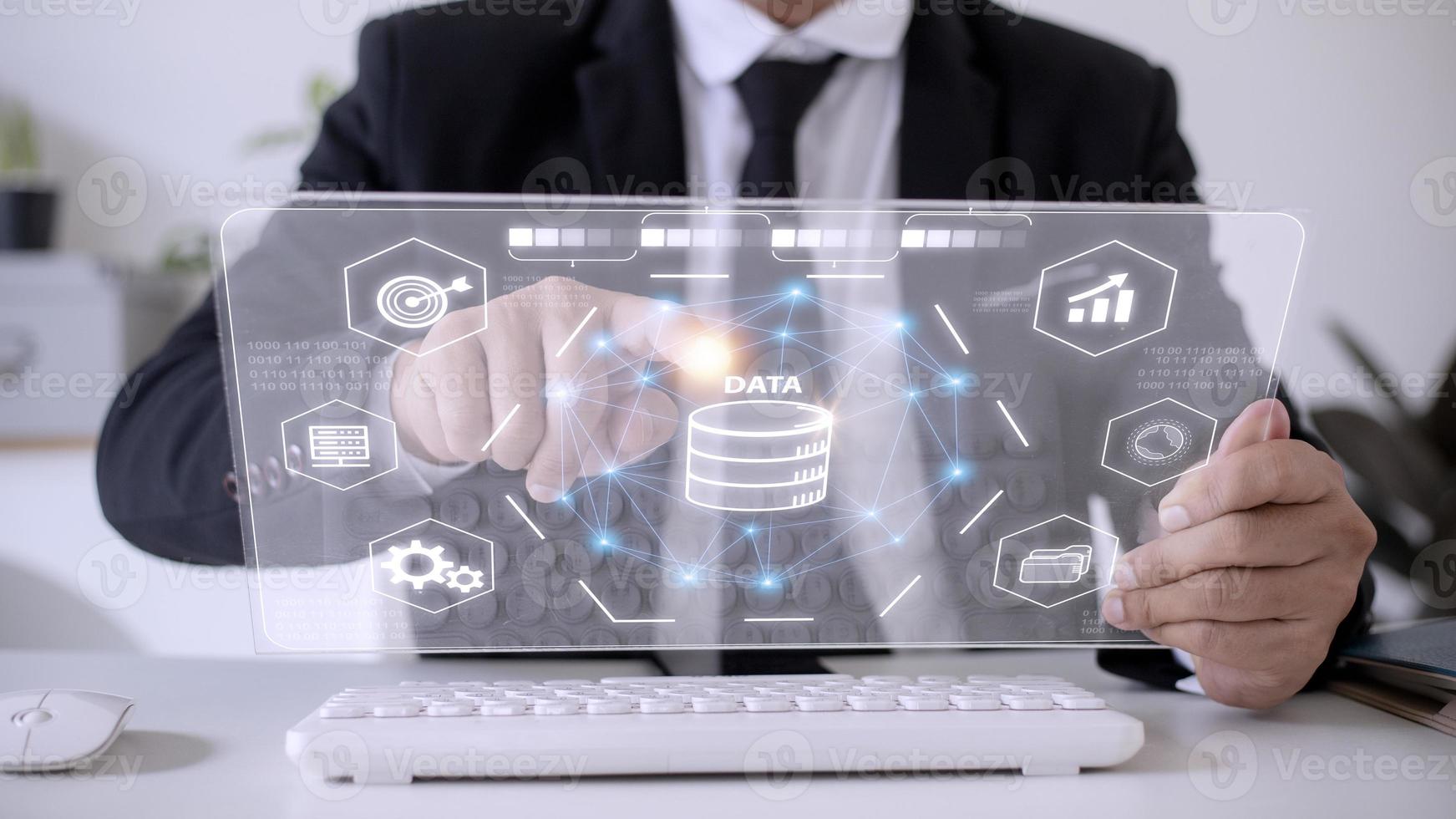 Big data and analytics visualization technology with scientist analyzing information structure ...