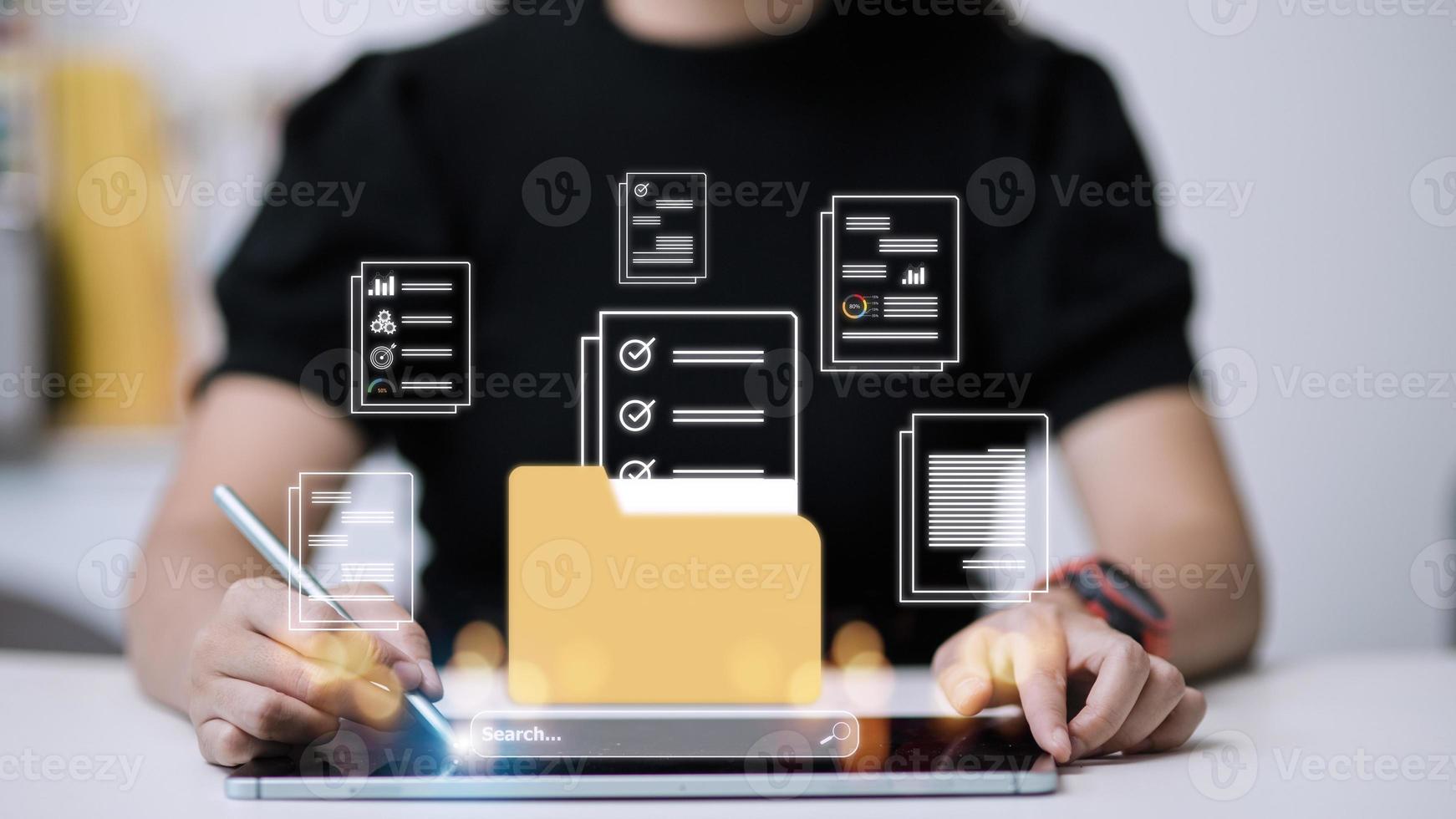 Uploading documents from folder. Open File folder with flying blank documents. Data transfer ...