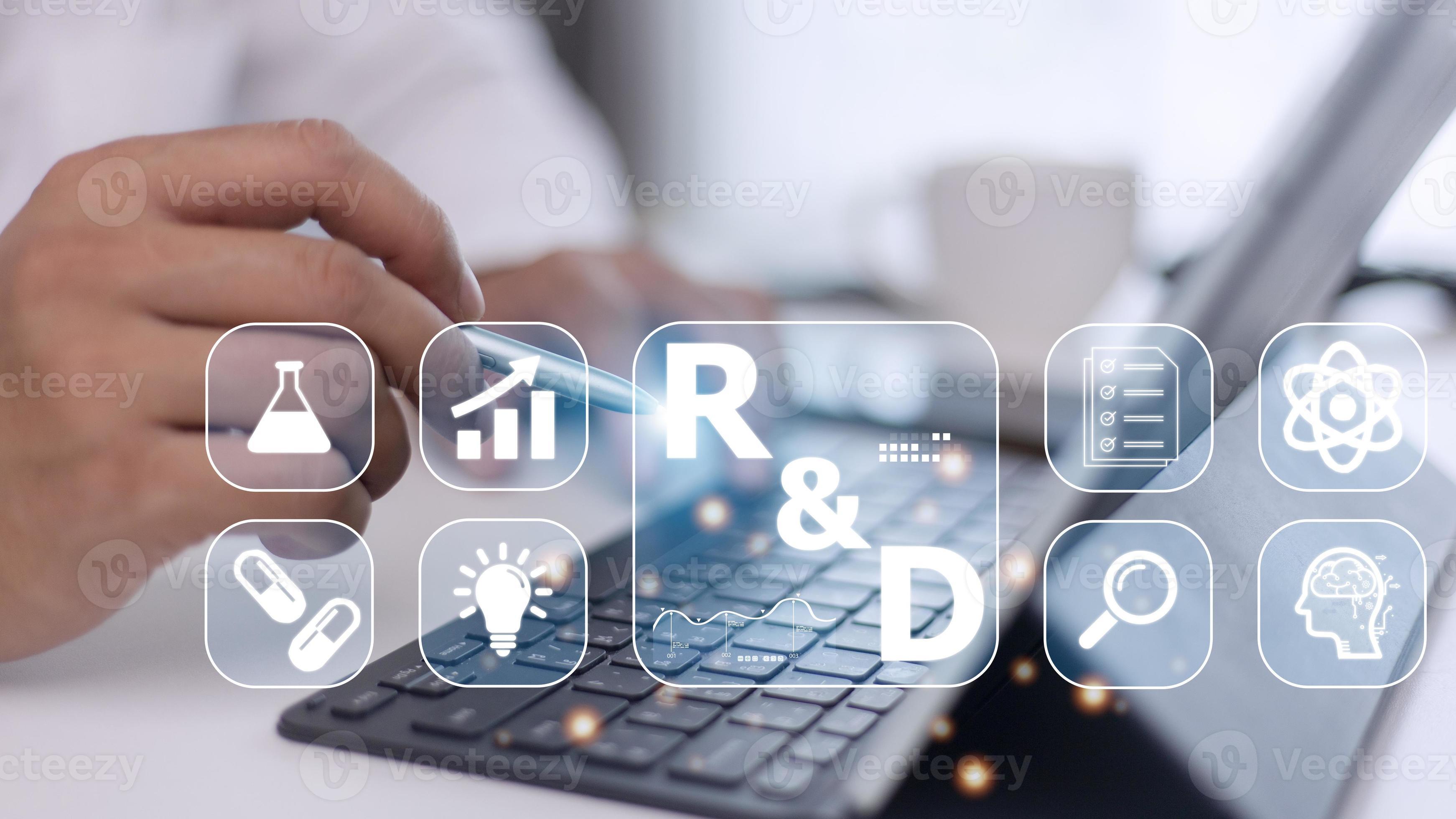 Hand of businessman holding a pen pointing to R and D icon for Research and Development on ...