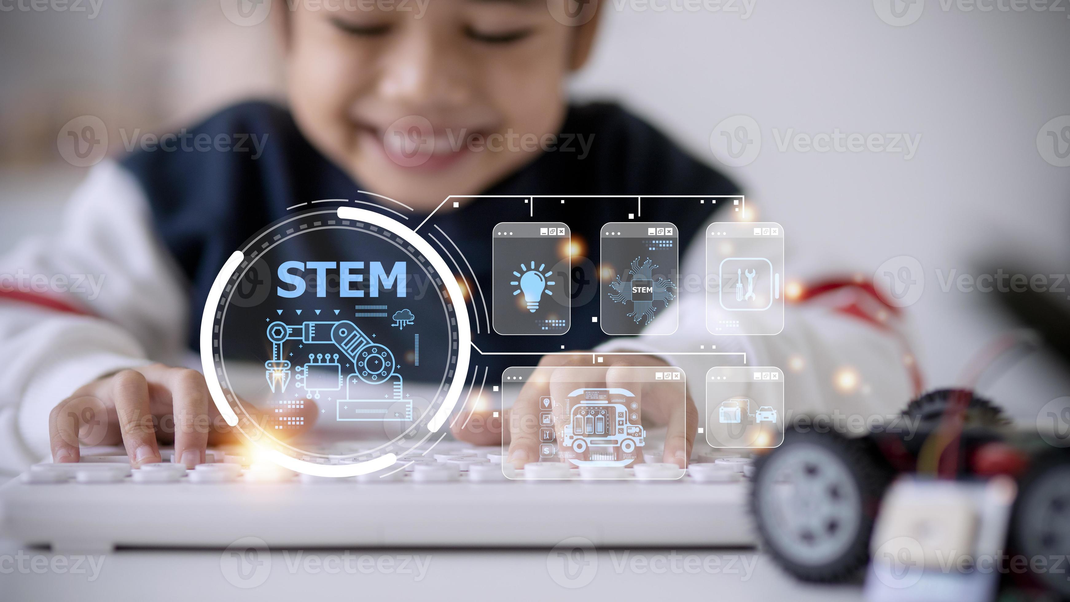 STEM school kids learning education technology building robot car ...