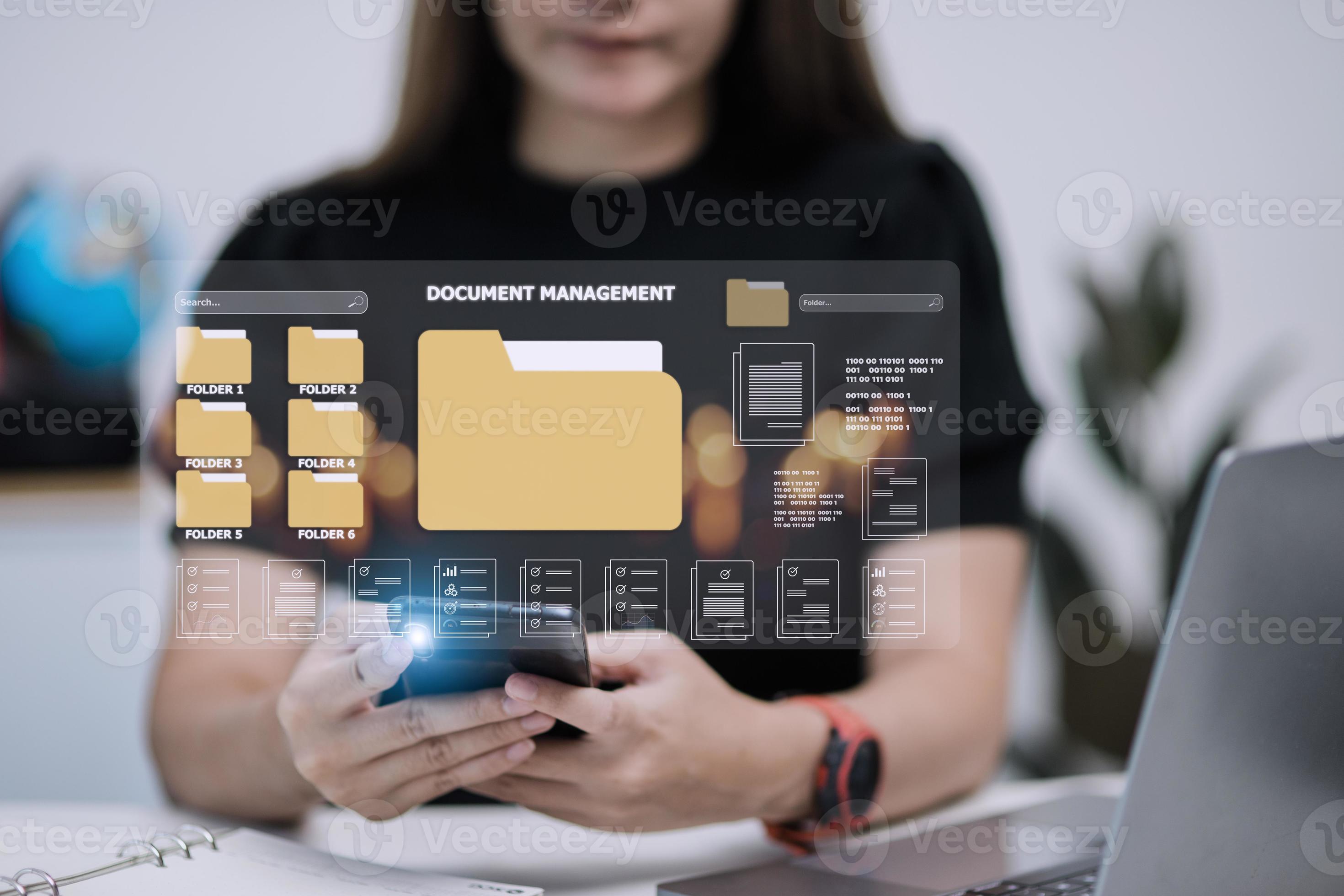 Document management concept. Virtual screen icons Document Management System DMS Online document ...