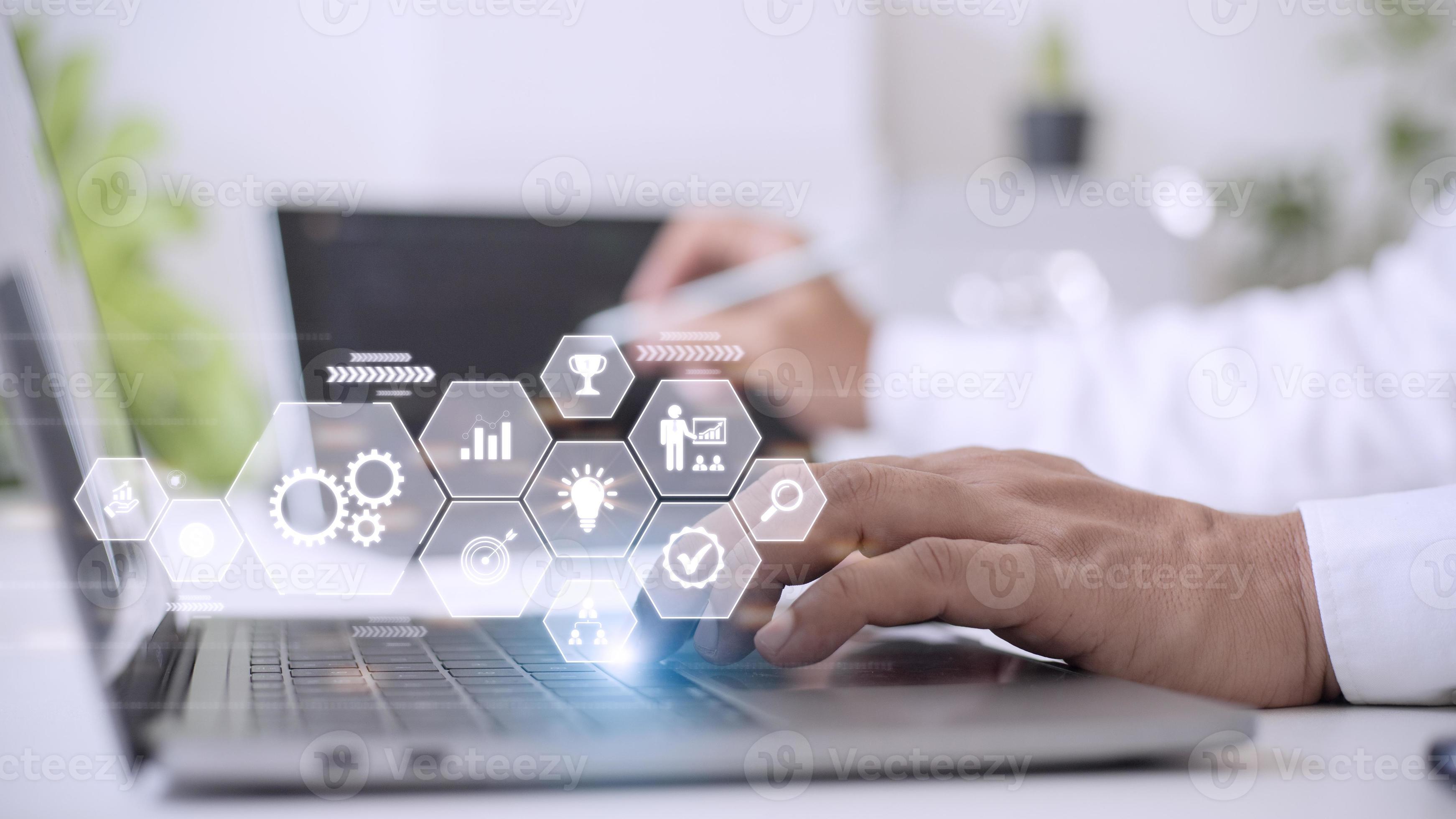 Business process management concept. Businessman touch on virtual innovation Operations ...