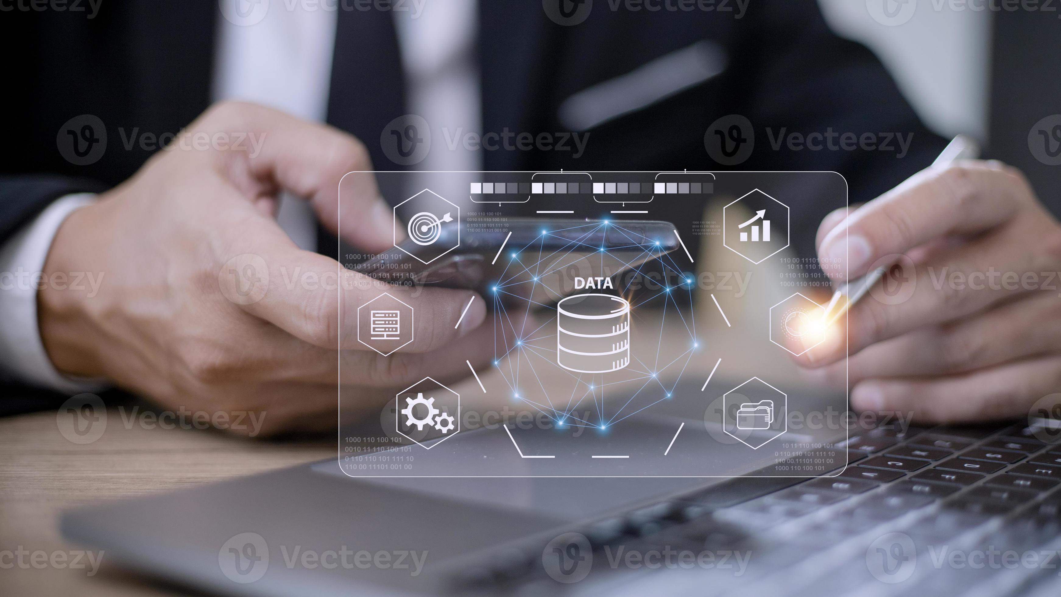 Big data and analytics visualization technology with scientist analyzing information structure ...