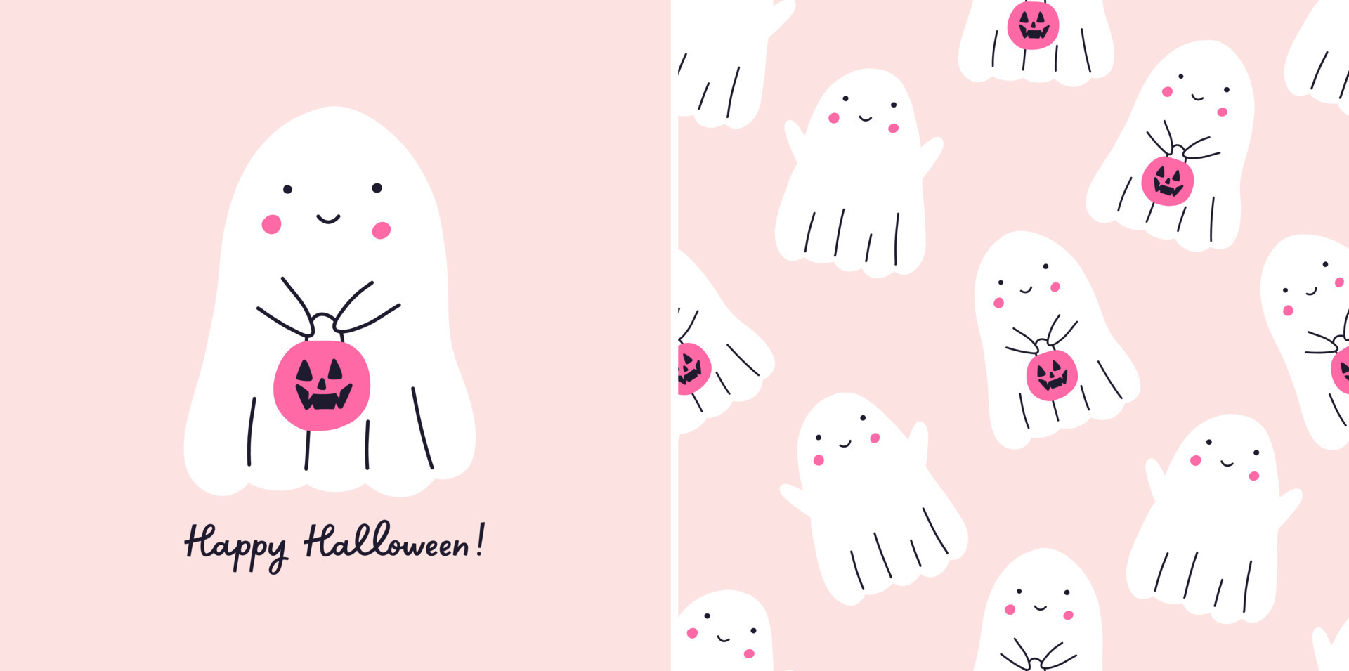 Cute ghost pastel pink seamless pattern and greeting card, cartoon flat ...