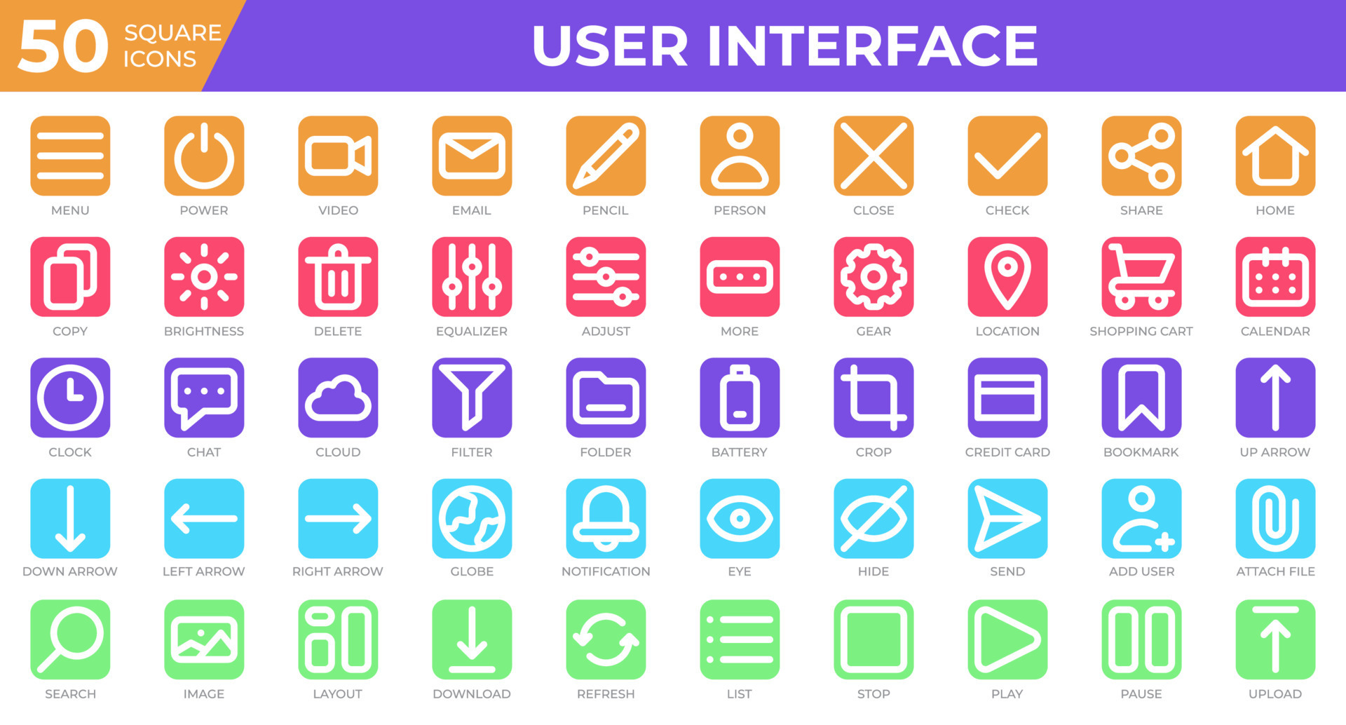 Set of 50 User Interface icons in square style. Menu, calendar, clock ...